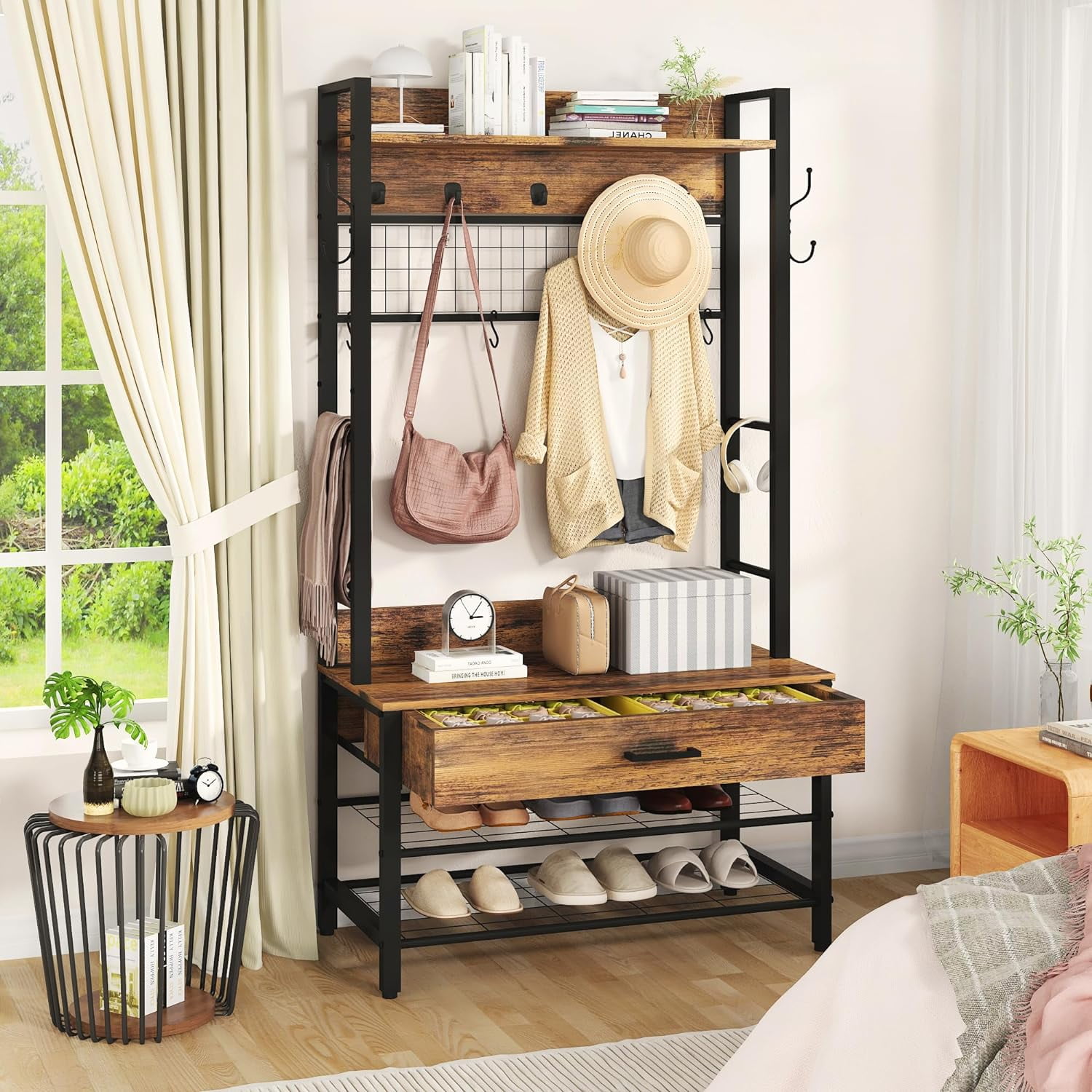 LinkRomat Hall Tree, Entryway Coat Rack with Drawer, Industrial 5 in 1 ...