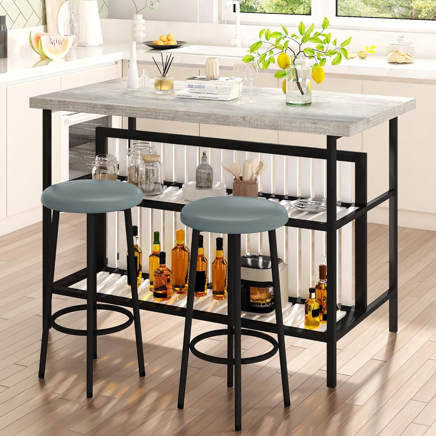 LinkRomat Kitchen Island with Stools & Storage, 3 Piece Modern Bar ...