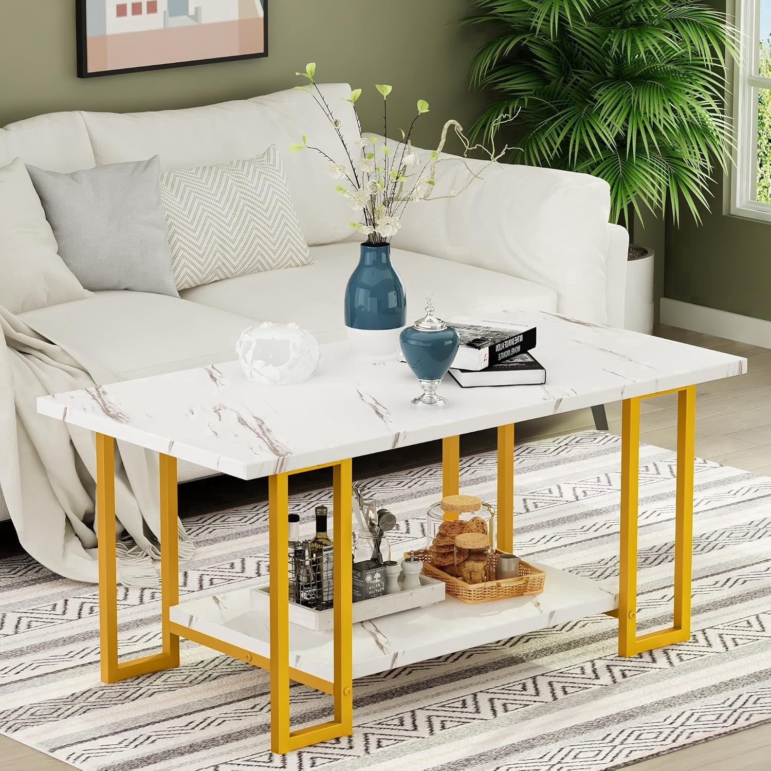 LinkRomat Modern Coffee Table, 40" Faux Marble Top Rectangular Coffee ...