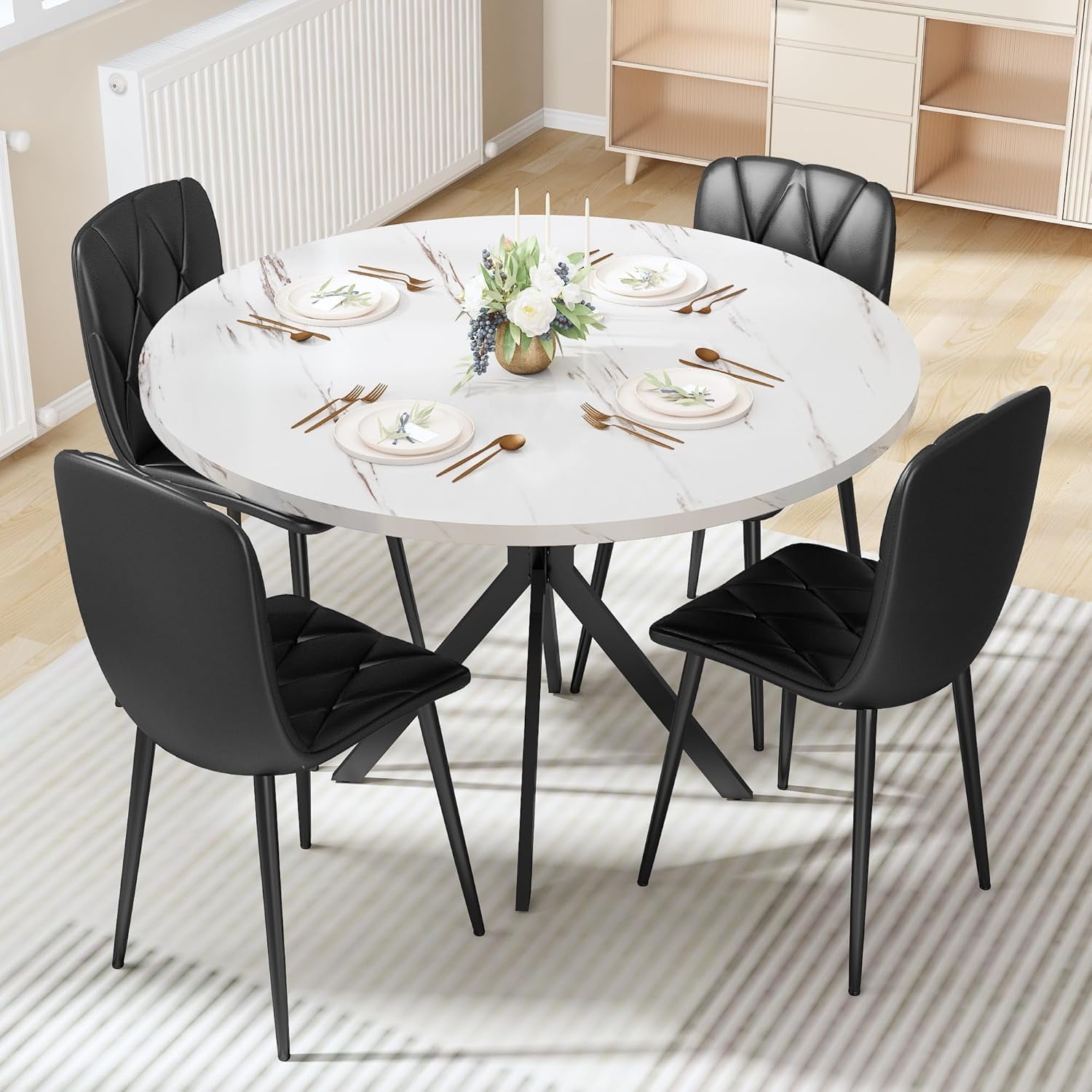 LinkRomat Round Kitchen Table and Chairs Set, 5-Piece Dining Room Table ...