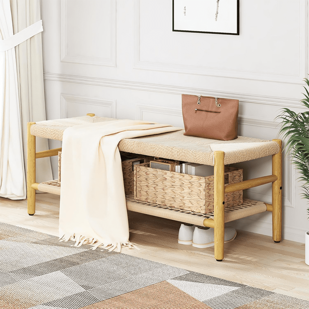 LinkRomat Wicker Bench Indoor Entryway Bench with Paper Cord Ottoman ...