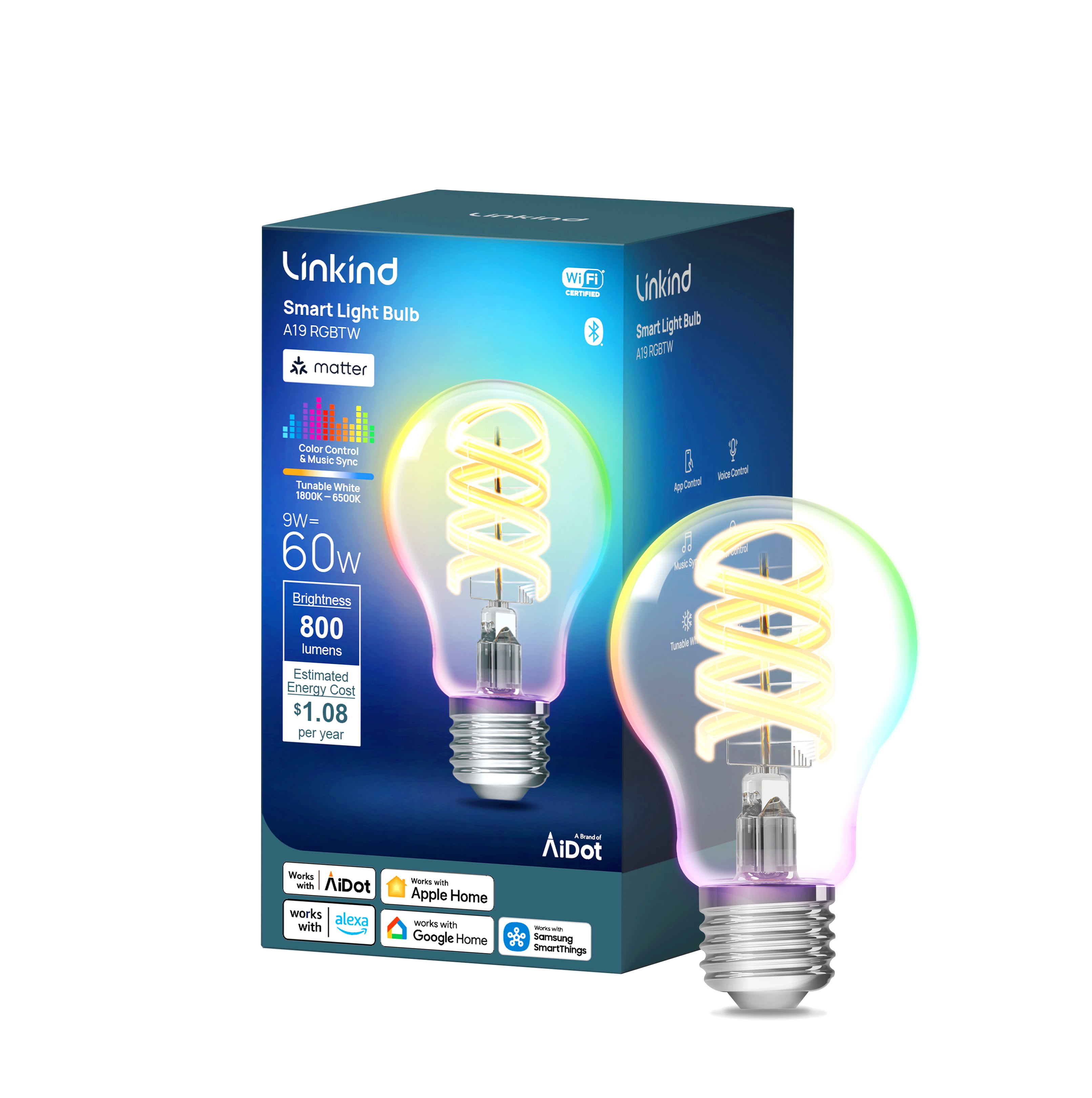Linkind Matter Smart Filament Bulb A19 RGBTW 800lm-1Pack - Walmart.com