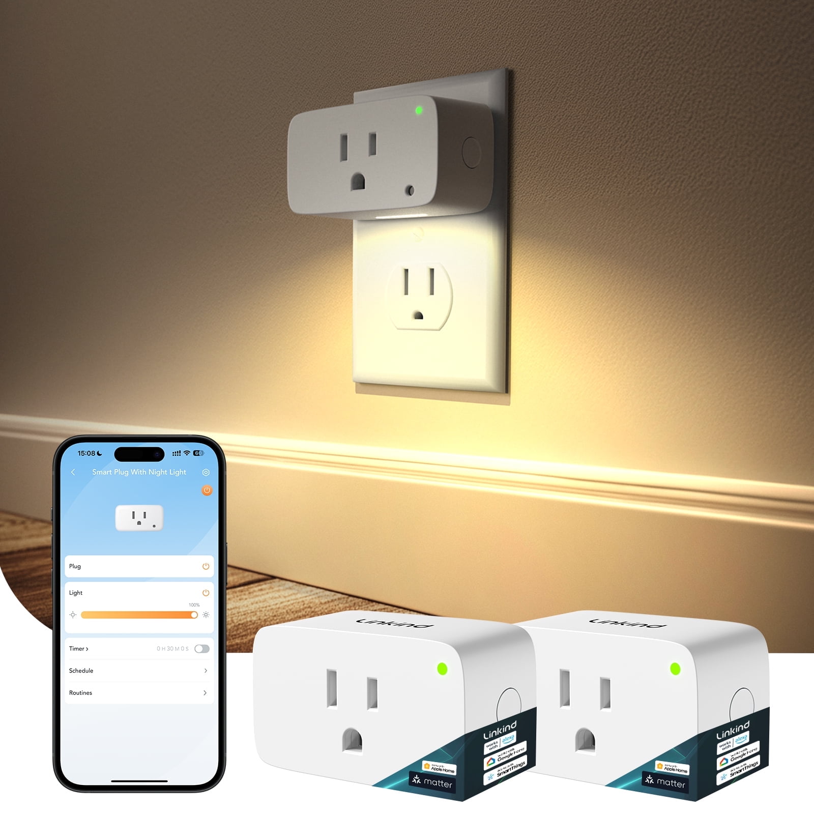 Linkind Matter Smart Plug with LED Night Light, Work with Alexa, Apple ...