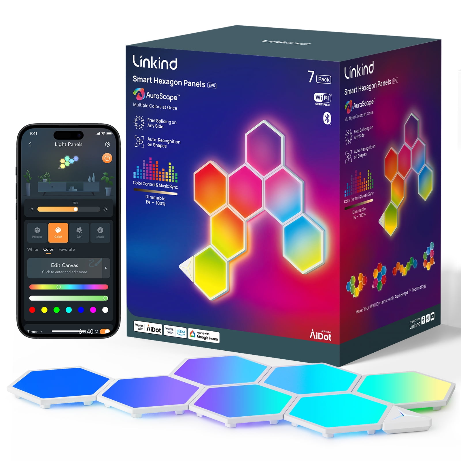 Linkind EP6 Smart Hexagon Light Panels, Multi-Color LED Wall Light ...