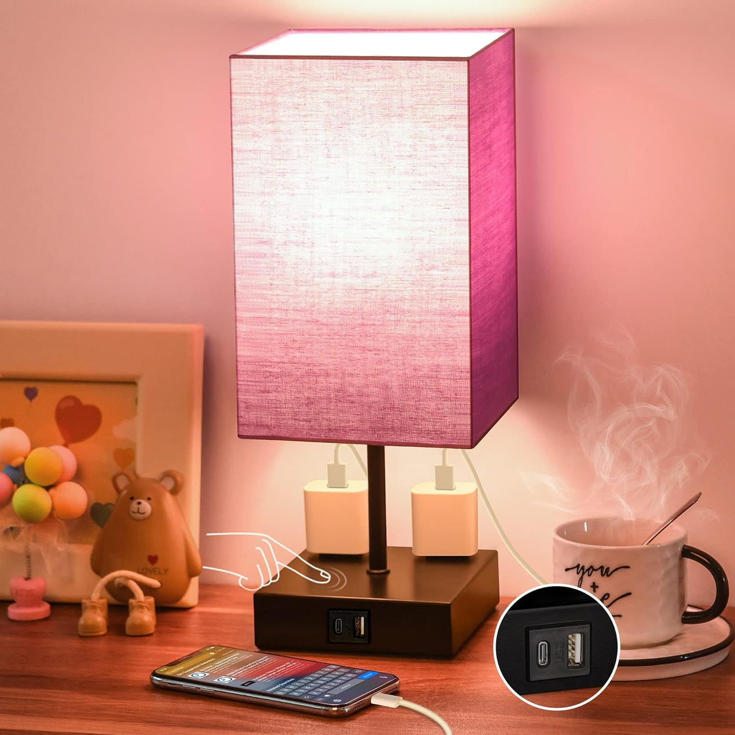 Linkthai Bedside Lamps with USB C+A Charging Ports & 2AC Outlets ...
