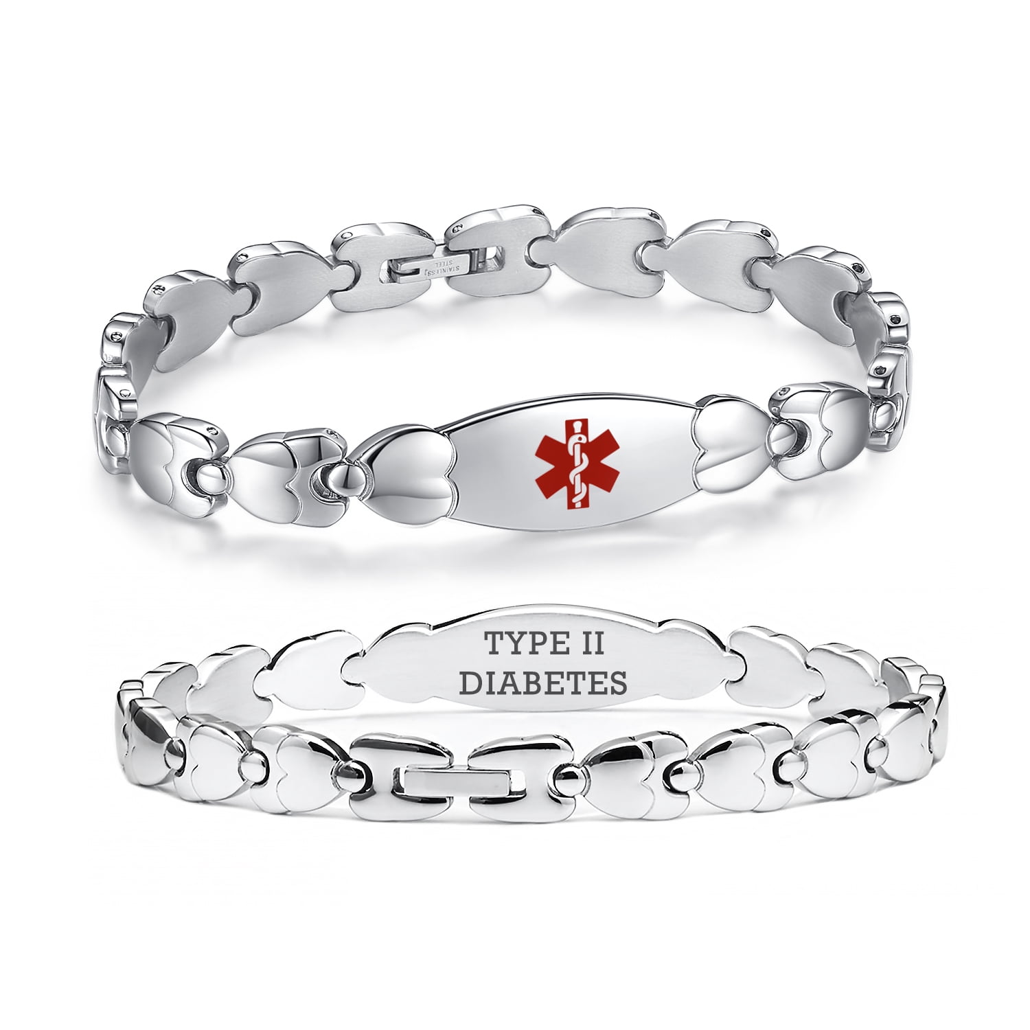 Double Heart Medical alert Bracelet for Women 7 1/2 inches Stainless ...