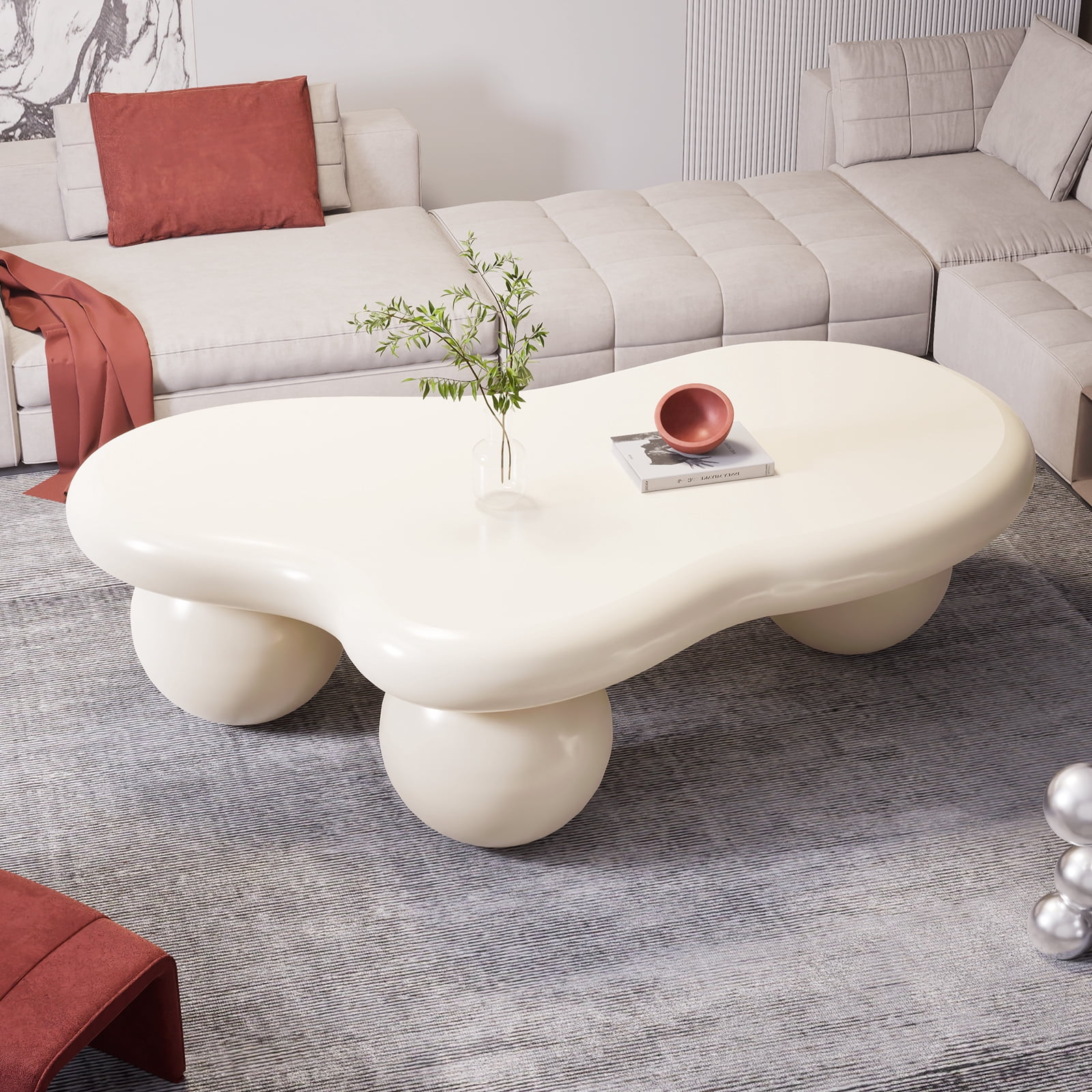 Linnnzi 39.4" Modern Cloud Coffee Table – White Irregular Oval Top with ...