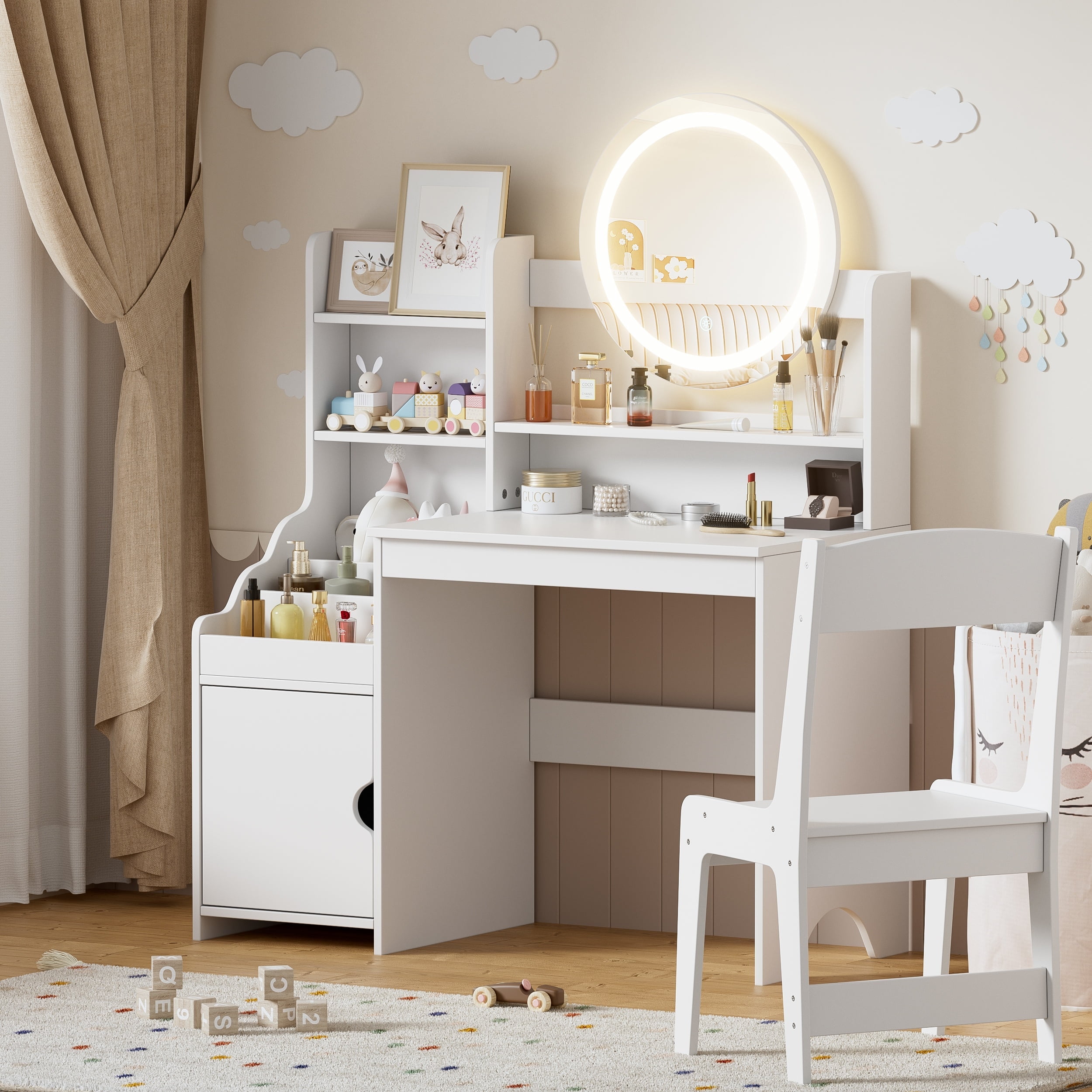 Linnnzi Kids Vanity Set with Mirror, LED Lighted Girls Vanity Table and ...
