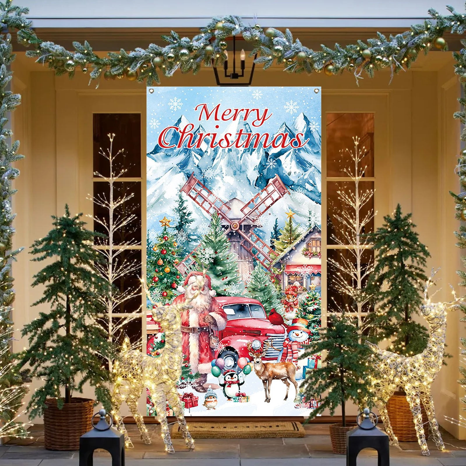 Linnome 72x36In Christmas Door Cover Snowman Santa Tree Reindeer Gift ...