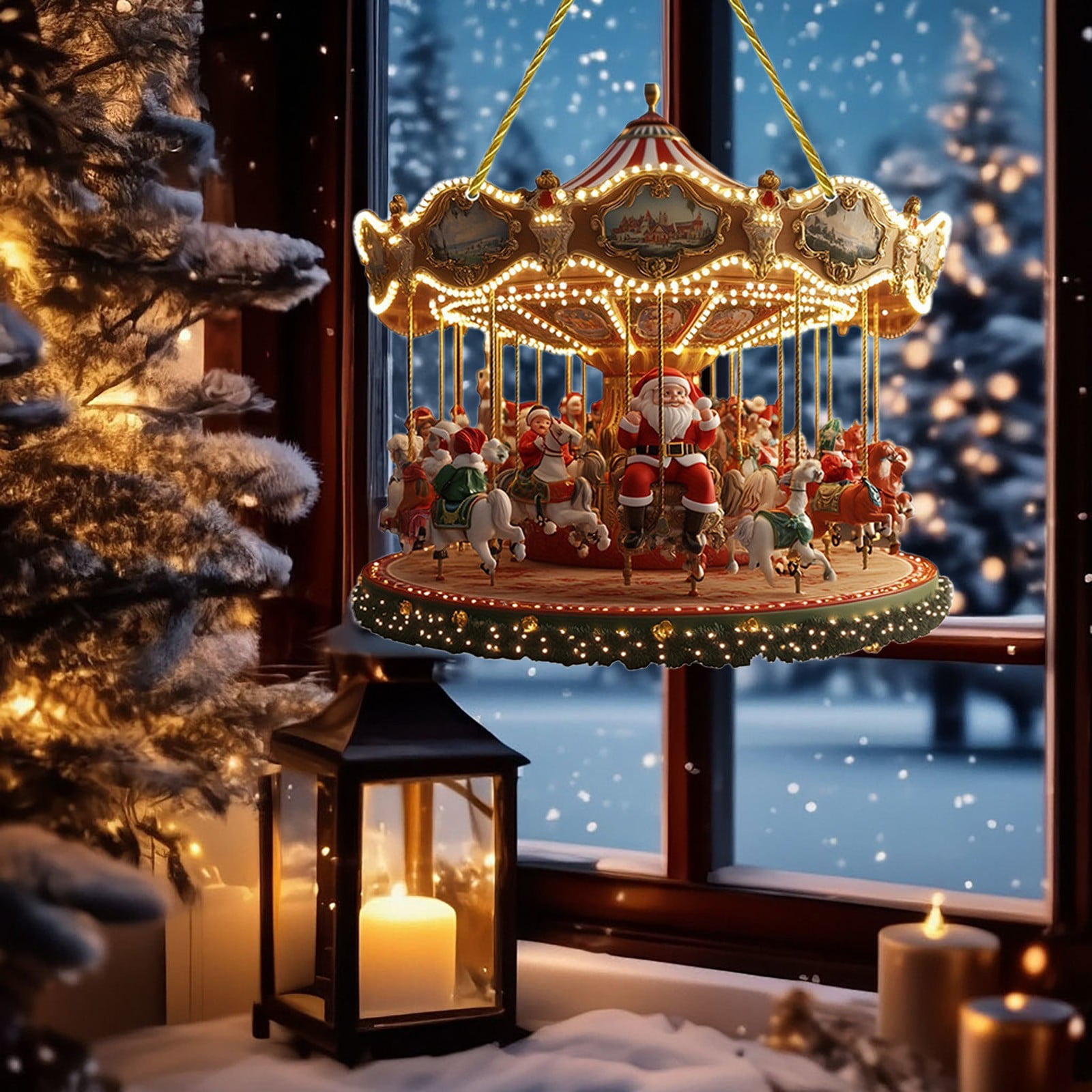 Linnome Vintage Santa Claus Carousel Christmas Decoration, Spinning ...