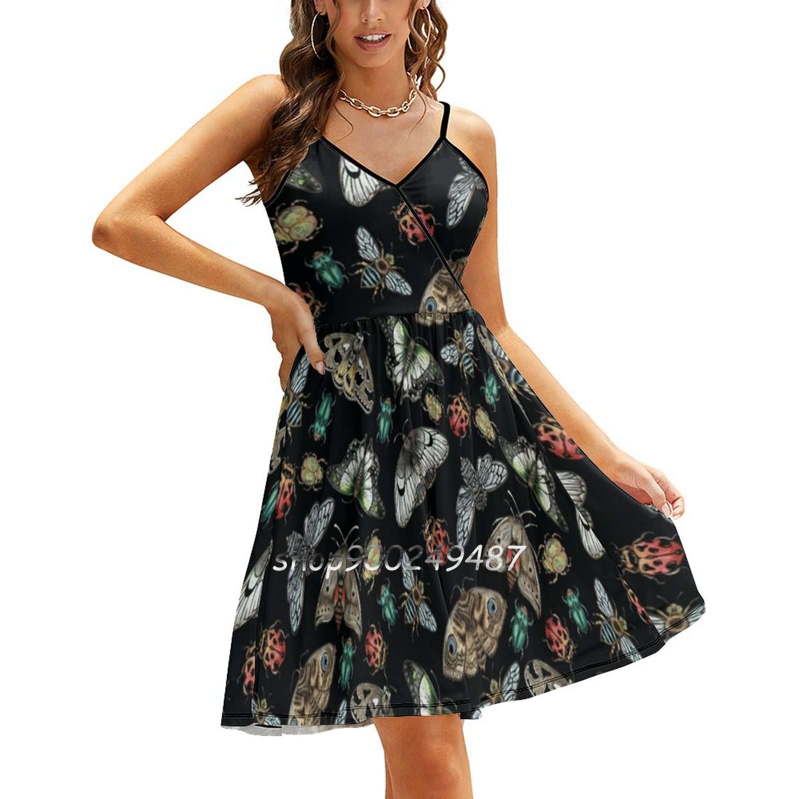 Lino Print Bugs And Insects Square Neck Dress New Plus Size Elegant ...