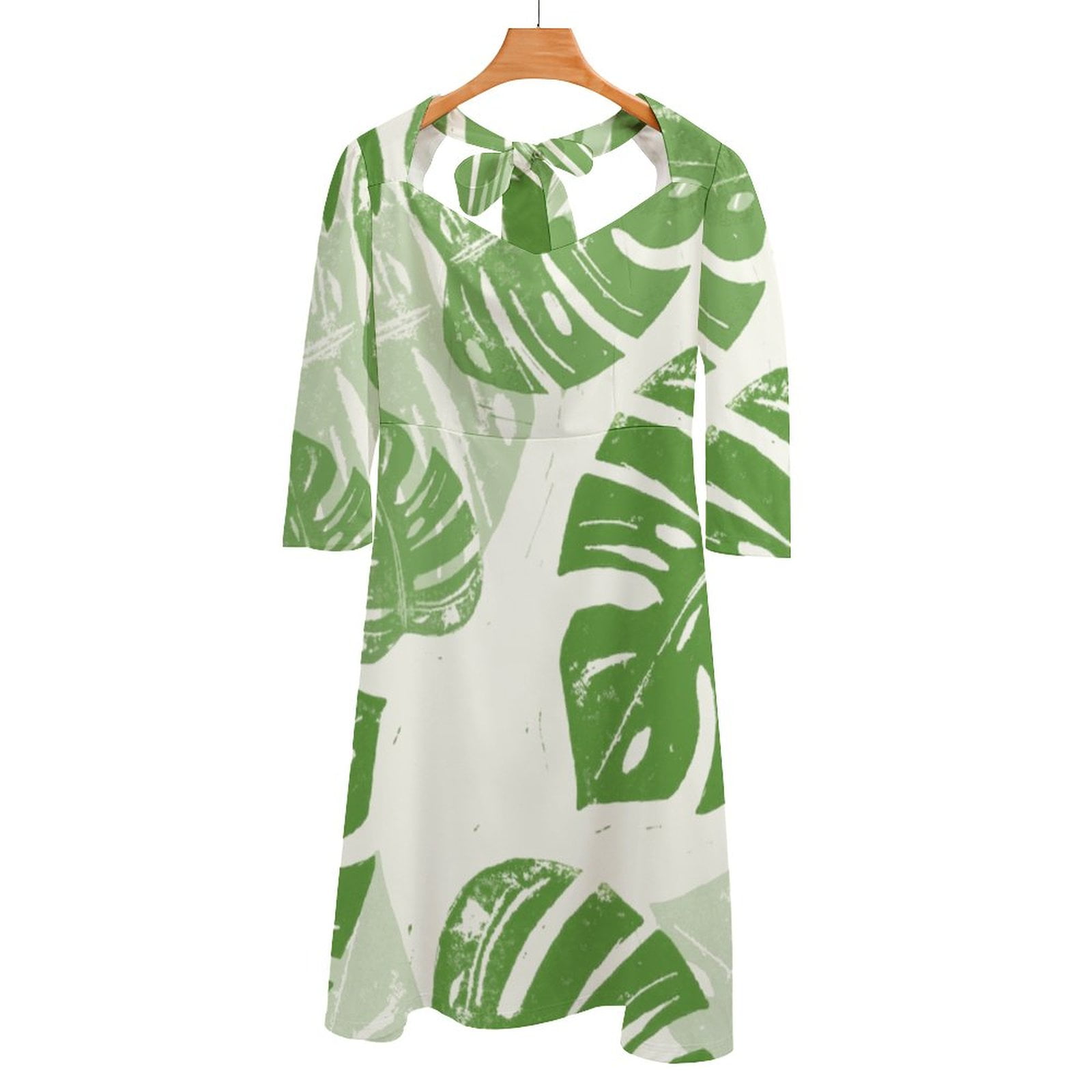 Linocut Leaf Pattern Square Neck Dress Back Lacing Backless Dress ...