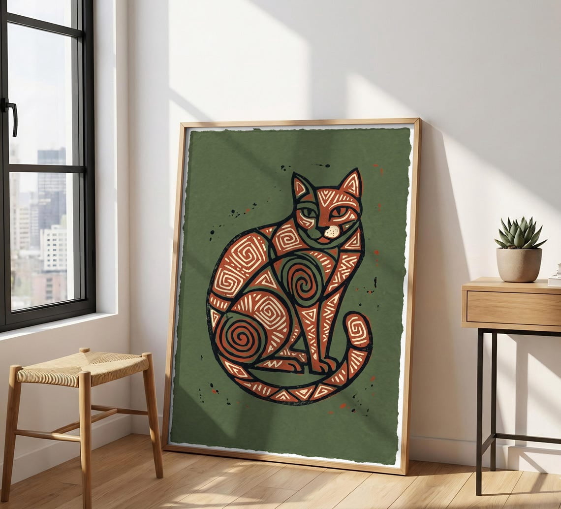 Linocut Style Cat Sage Green Tribal Animal Rustic Pet Block Feline Boho ...