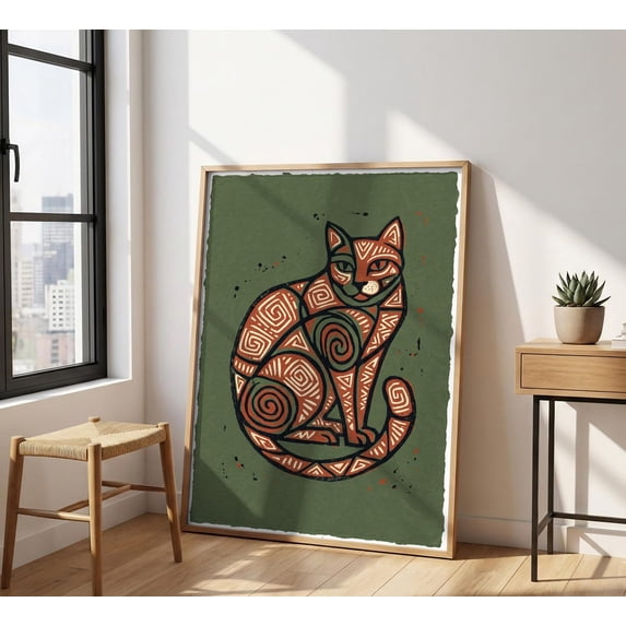 Linocut Style Cat Sage Green Tribal Animal Rustic Pet Block Feline Boho ...