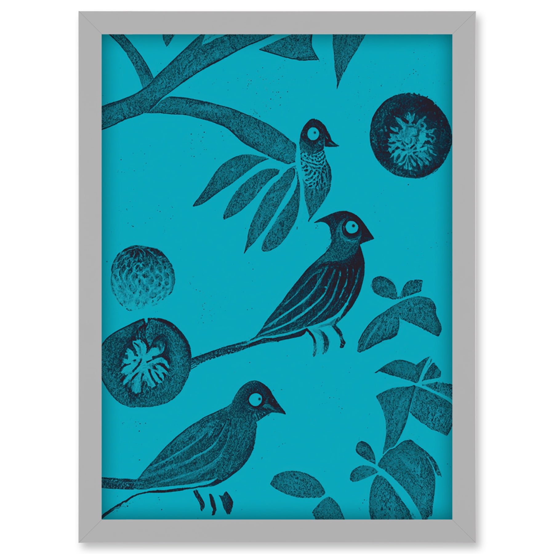 Linocut Vintage Blue Birds Jungle Pattern Illustration Teal Artwork ...