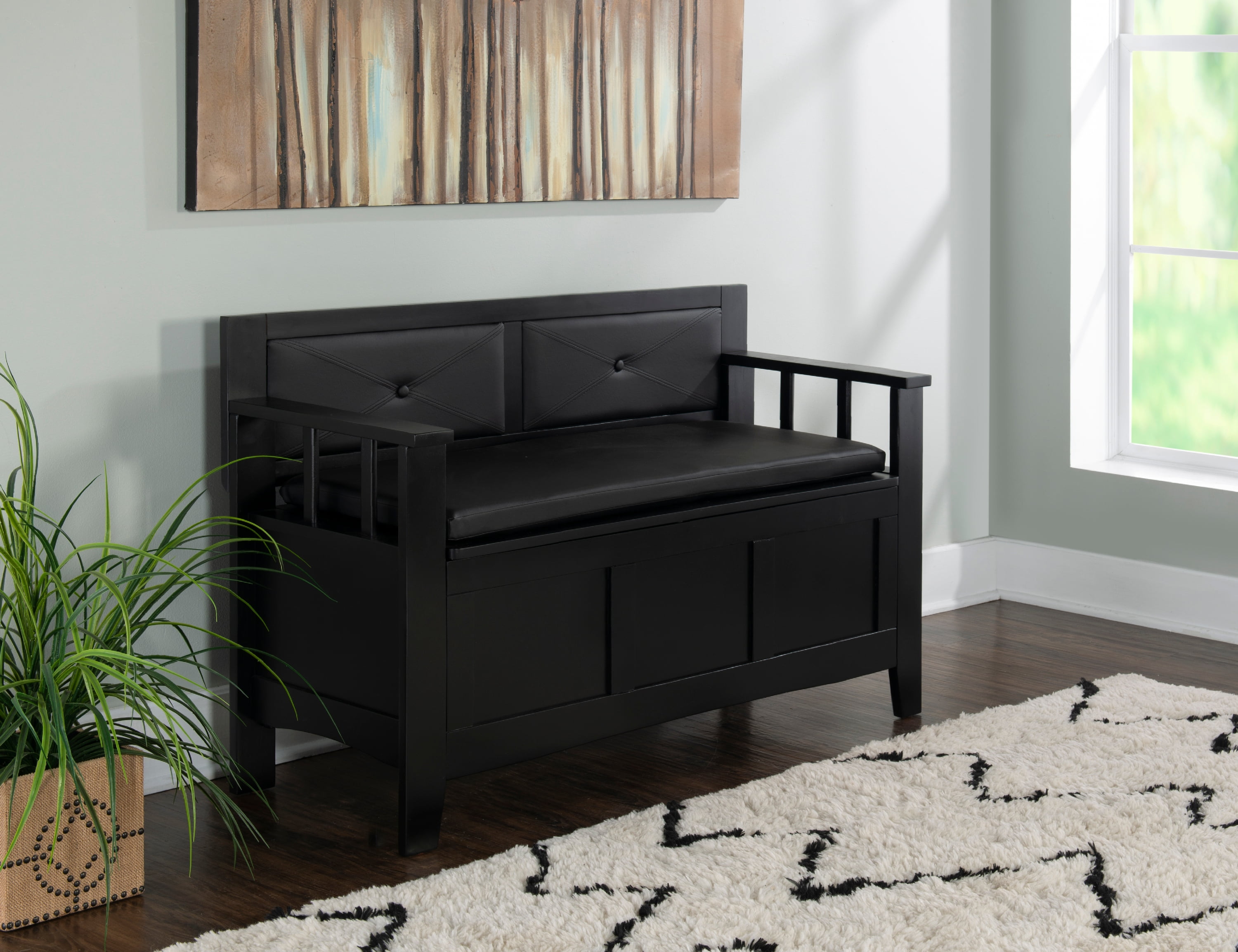 Linon 44.5” Ogdon Black Solid Wood Faux Leather Upholstered Padded ...