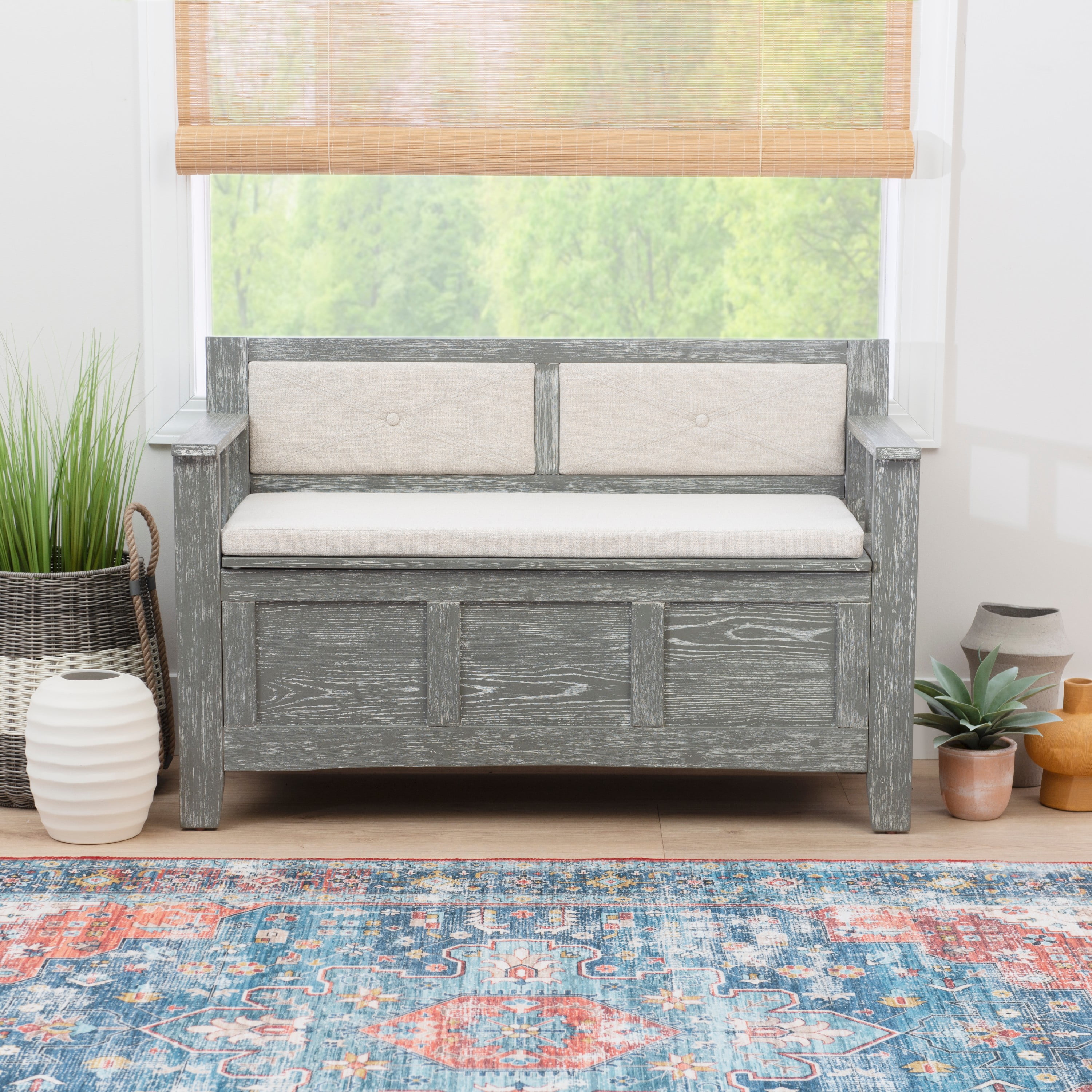 Linon 44.5” Ogdon Weathered Gray Solid Wood and Beige Upholstered ...