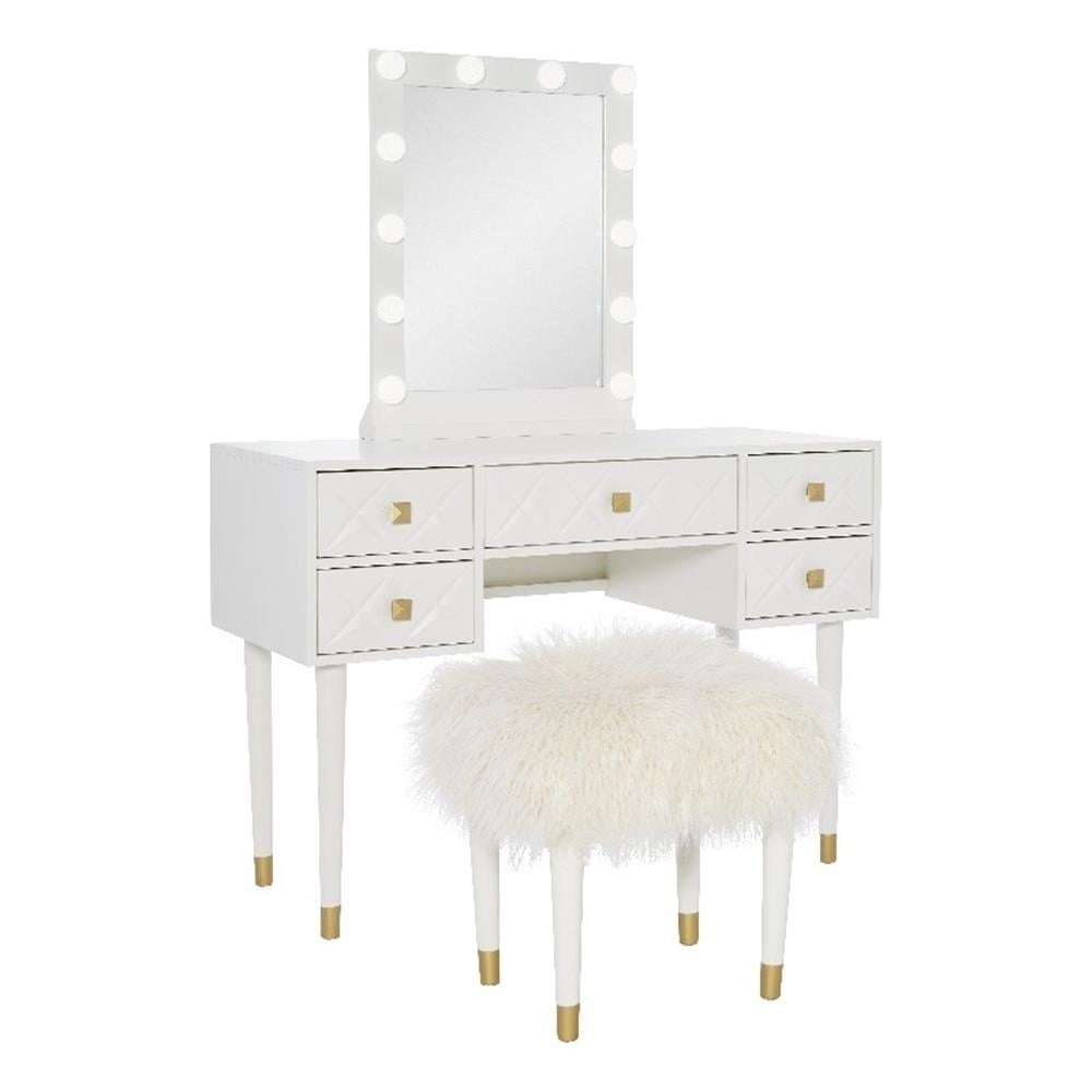 Linon Alick Wood Vanity with Lighted Mirror & Fluffy Stool, Gold ...