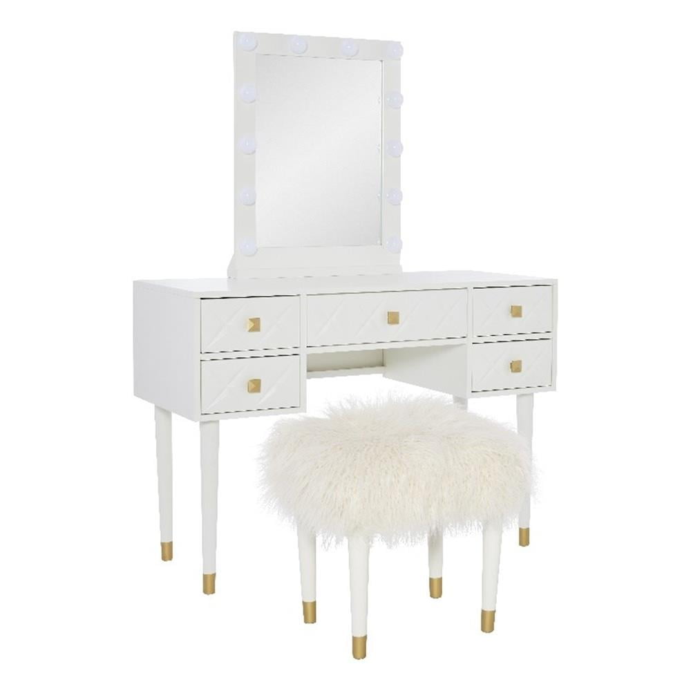 Linon Alick Wood Vanity with Lighted Mirror & Fluffy Stool, Gold ...