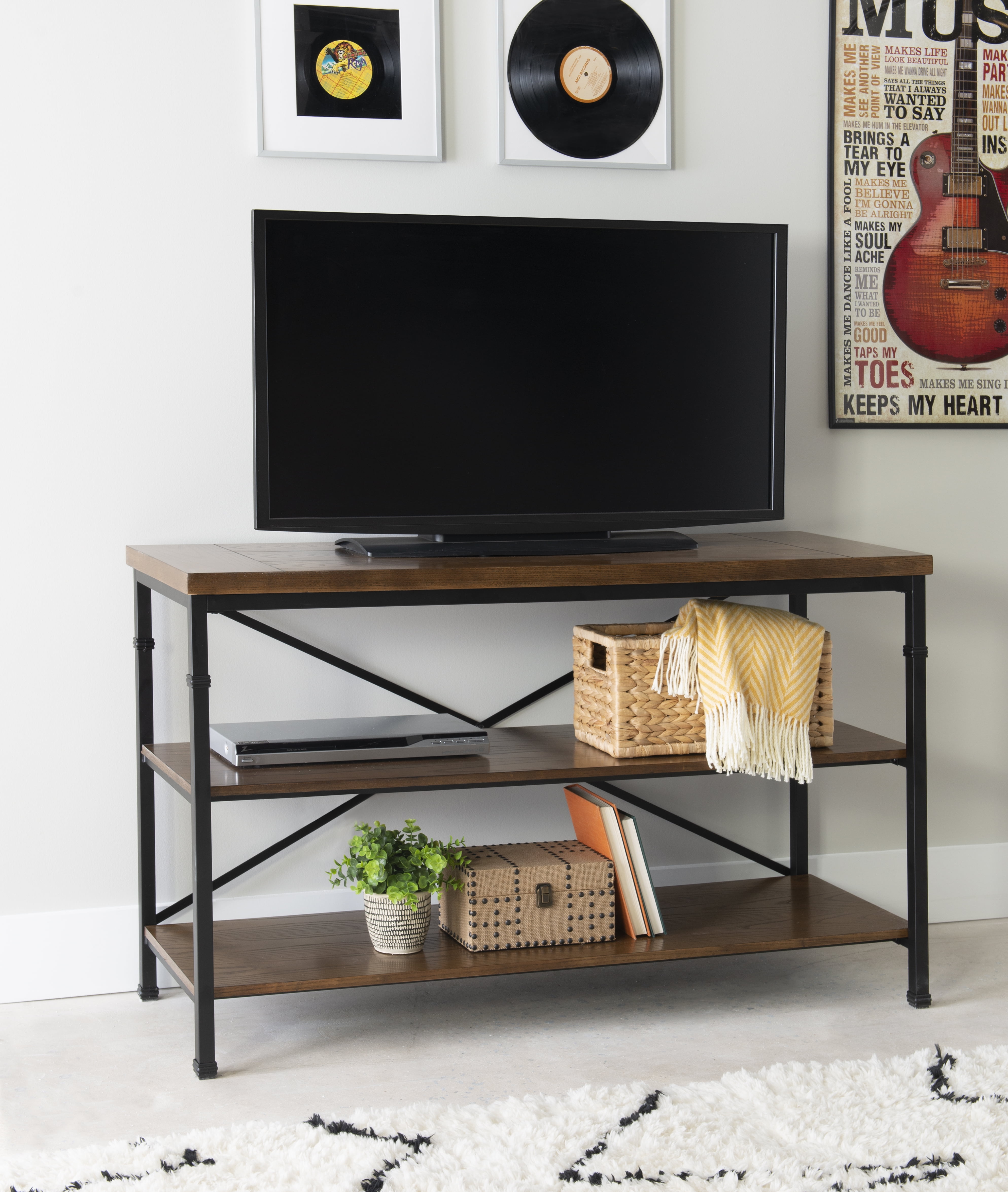 Linon Austin 3-Tier TV Stand, 50" Length, Fits TVs up to 52", Black/Ash ...