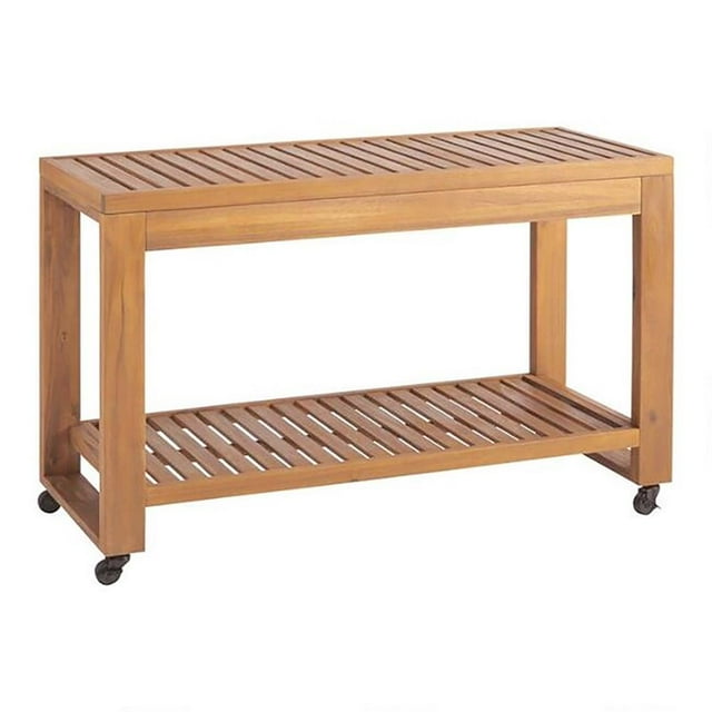 Linon Barlow Teak Outdoor Rolling Kitchen Island Slatted Top & Shelf in ...