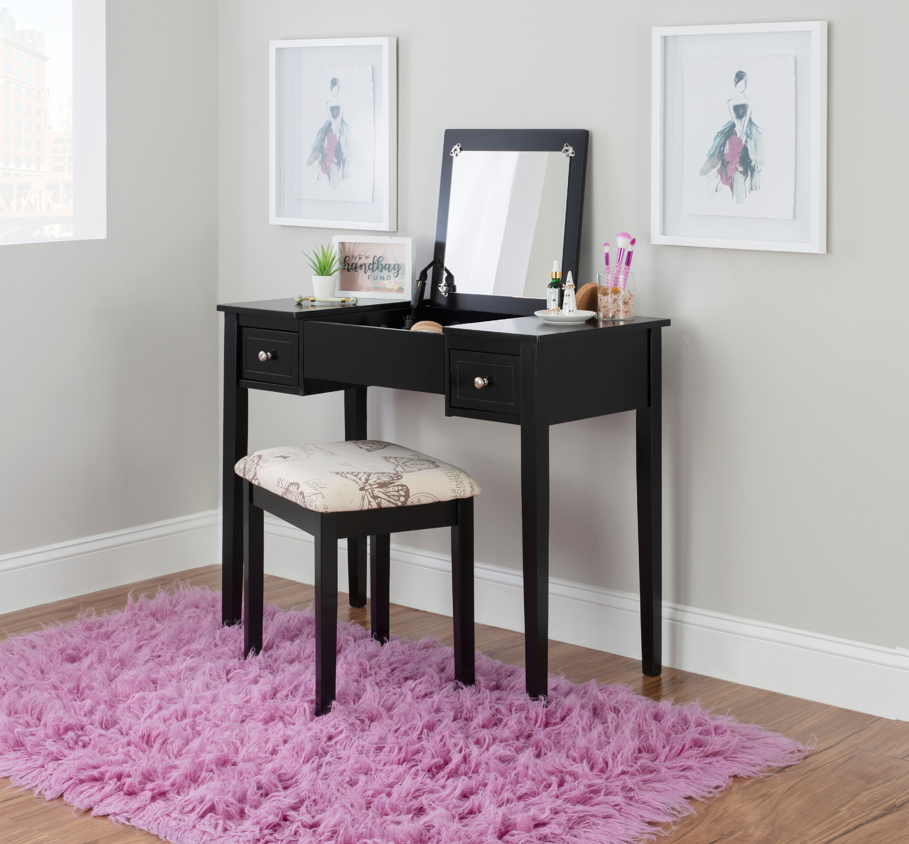 Free Shipping! Linon Butterfly Wood Vanity and Padded Stool Flip Up ...
