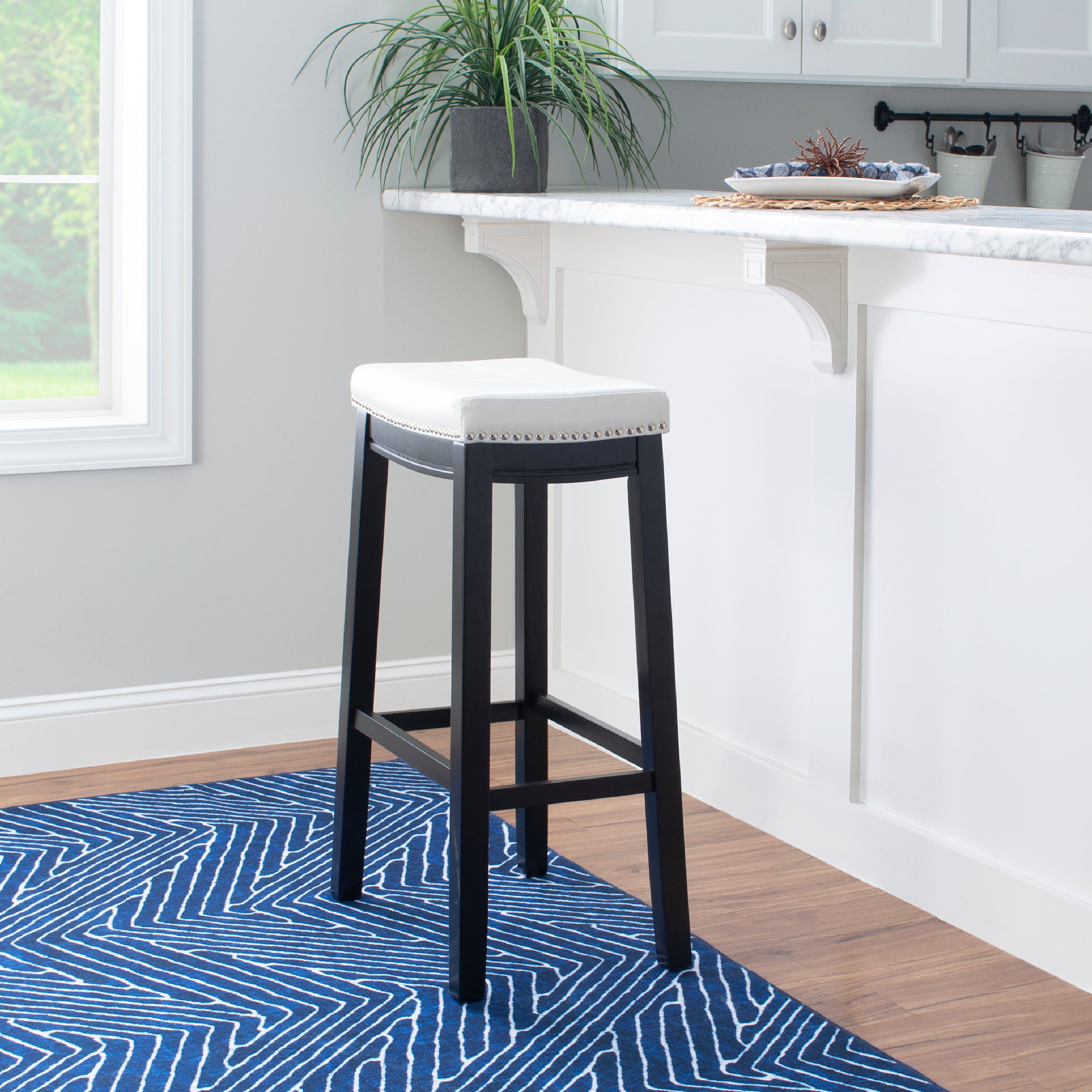 Linon Cessford 32" Backless Indoor Bar Stool, Black with White Faux ...