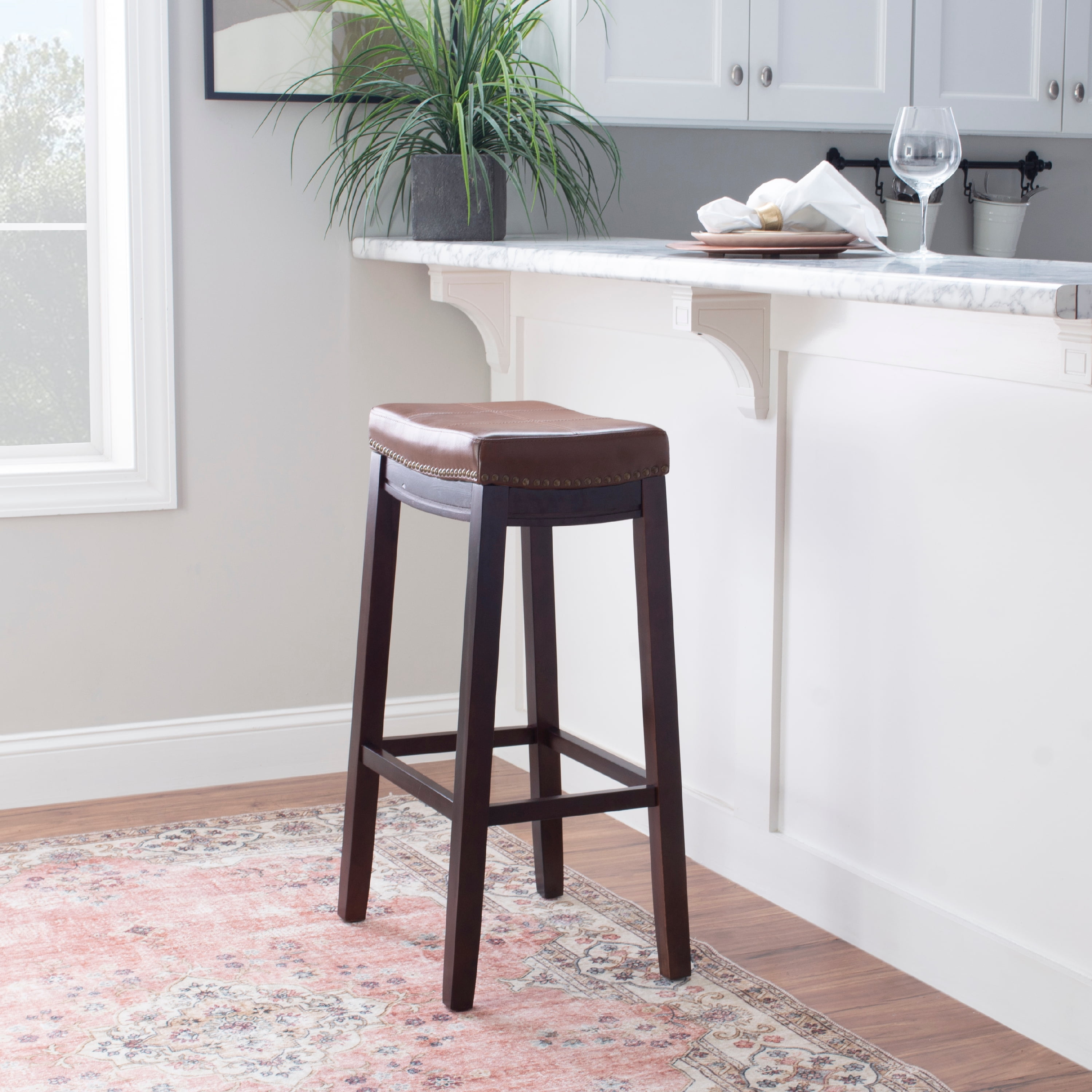 Linon Cessford 32" Backless Indoor Bar Stool, Dark Brown with Cognac ...