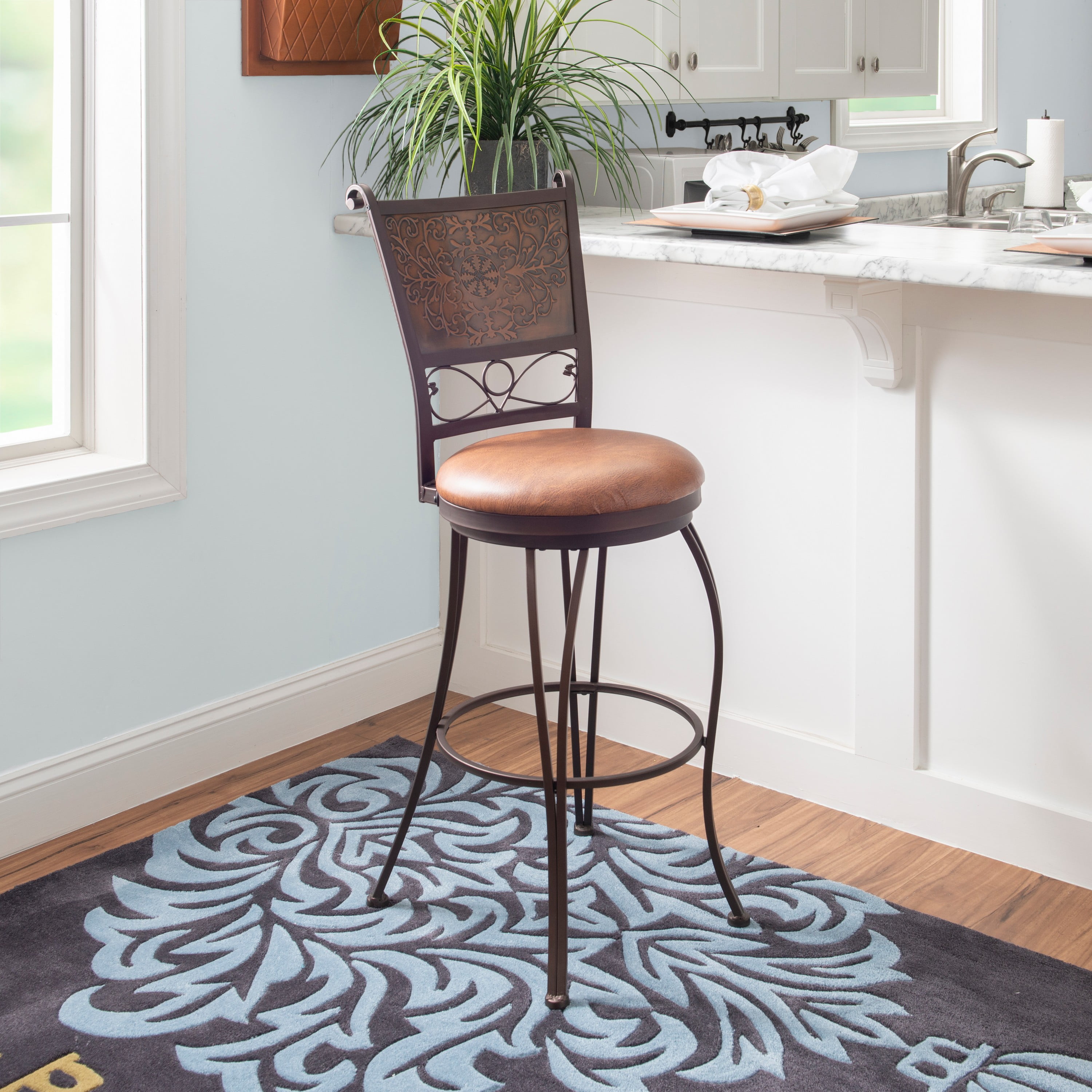 Linon Copper Stamped Back Swivel Faux Leather Bar Stool in Bronze Steel ...