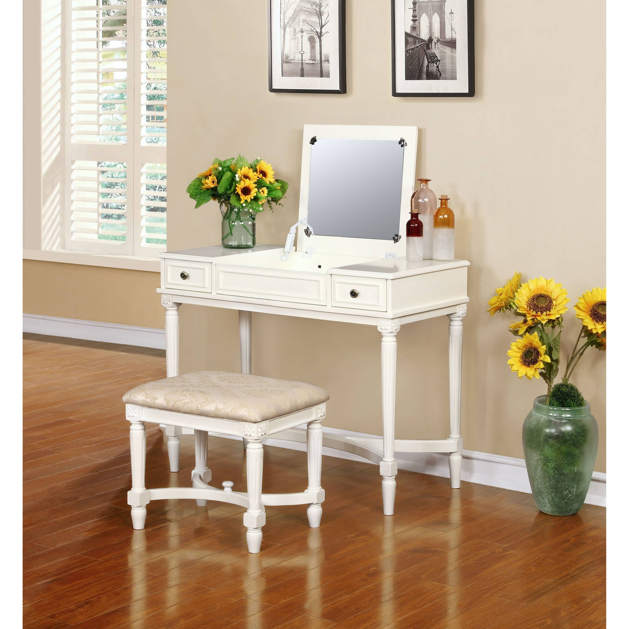 Linon Cyndi Vanity Set with Mirror and Bench, White, 17.5 inch Seat ...