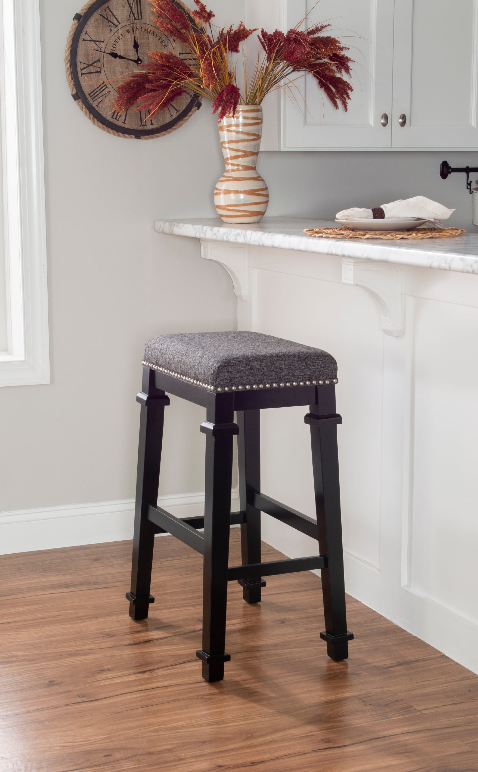 Linon Delimon 31" Backless Bar Stool, Black/Black and White Tweed ...