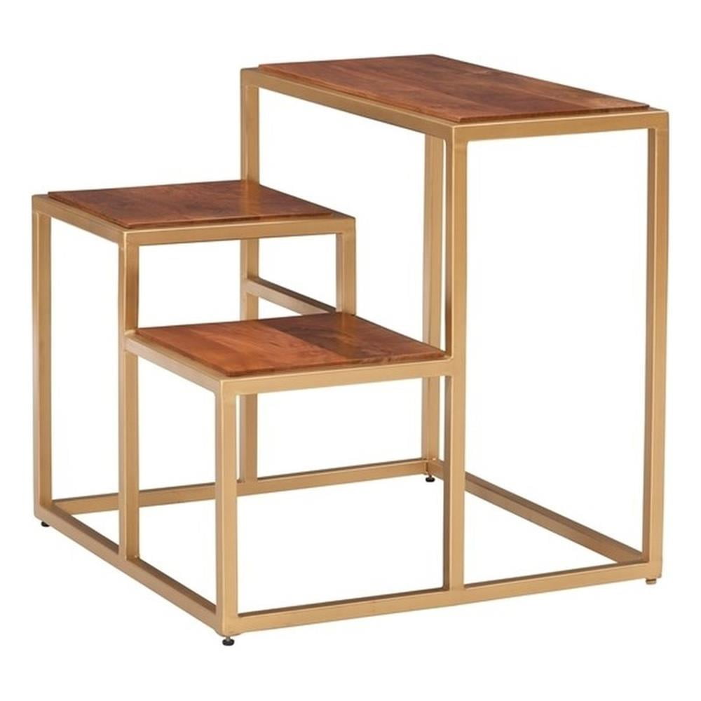 Linon Elijah Three Tiered Wood and Iron Side Table/Plant Stand in Gold ...
