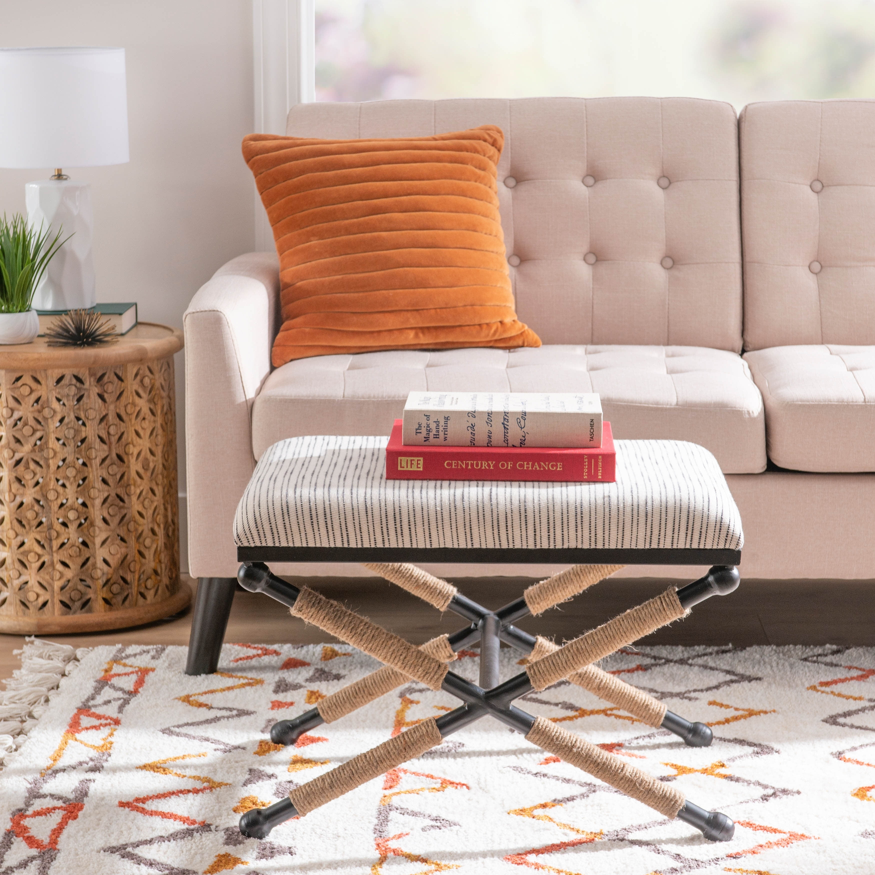 Linon Ella Boho Campaign Accent Stool Black/White Stripe Striped Foot ...