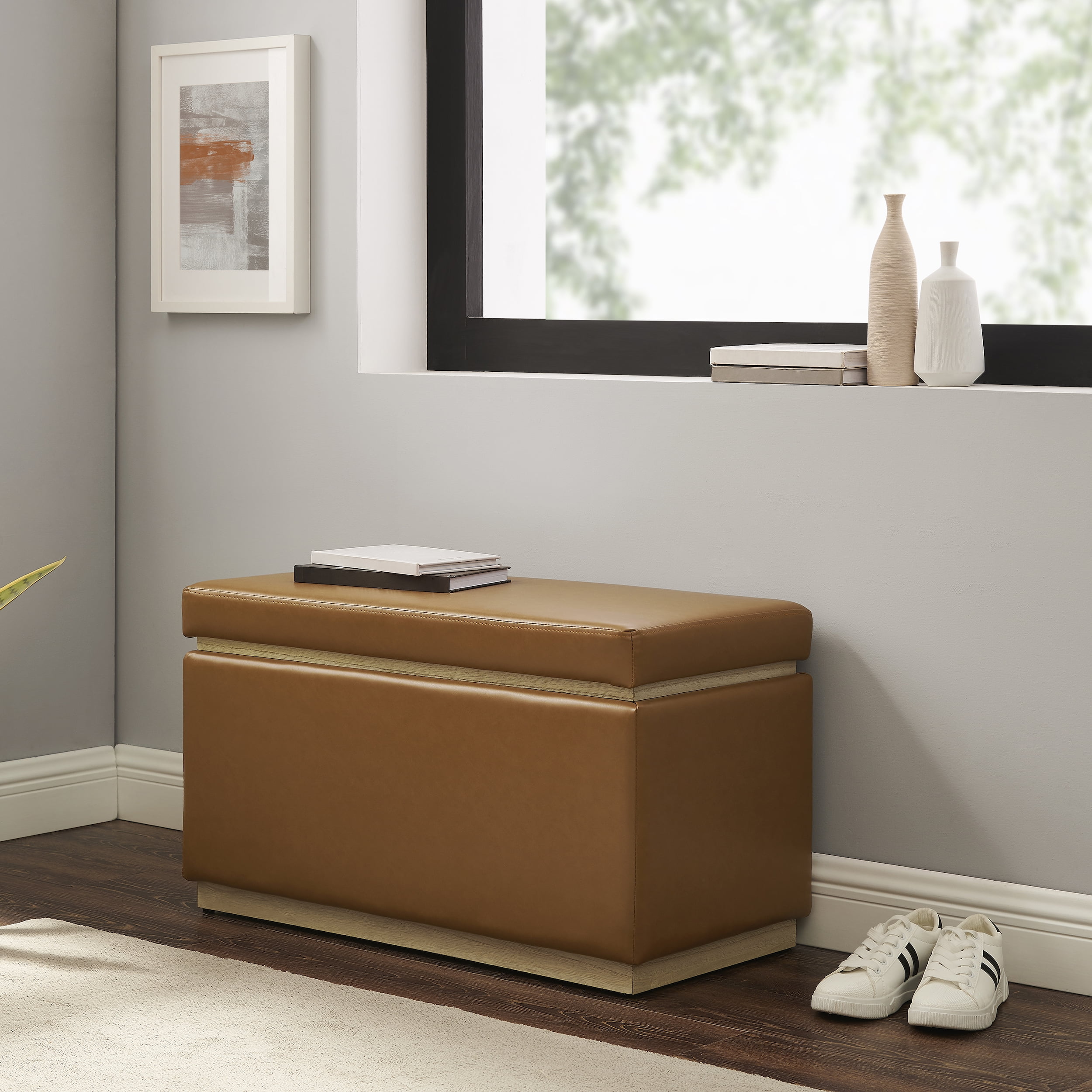 Linon Elta Rectangle Storage Ottoman, Caramel Faux Leather - Walmart.com