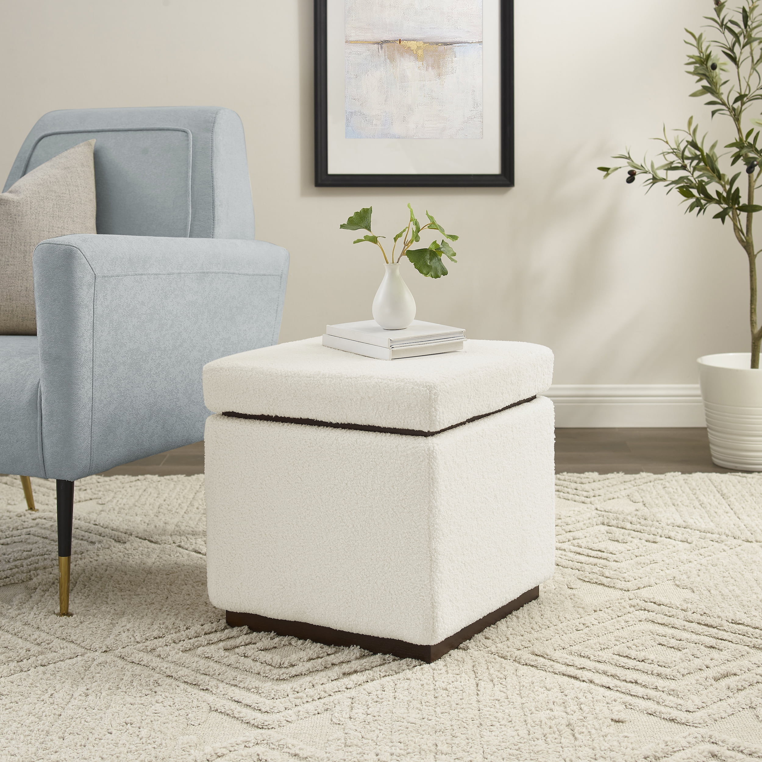 Linon Elta Square Storage Ottoman, Natural Sherpa/Walnut - Walmart.com
