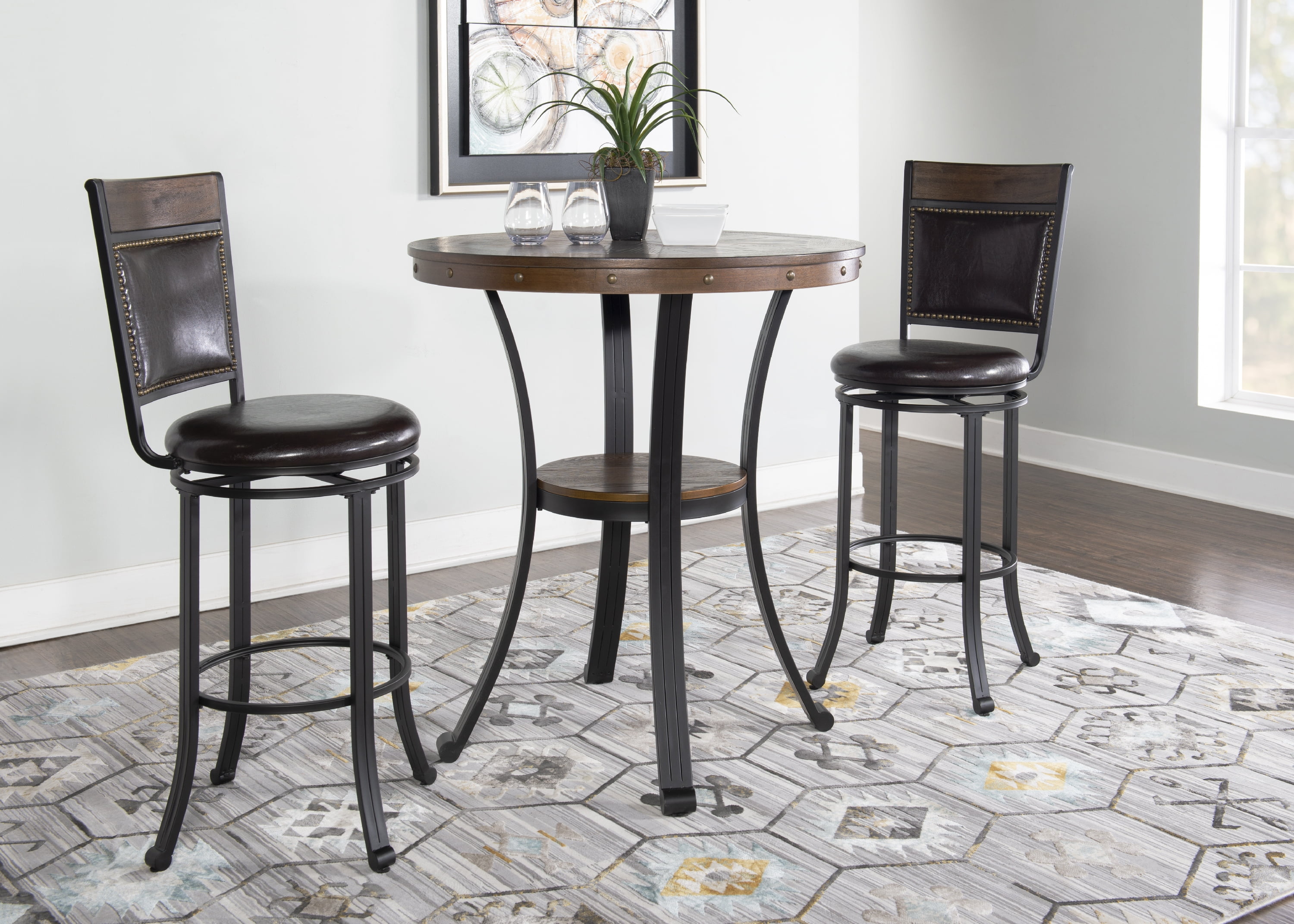 Linon Franklin 3 Pce Pub Table Set Faux Leather Wood Top & Shelf in ...