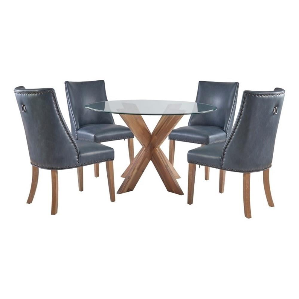 Linon Hale 5 Pce Dining Set Round Glass Table in Navy Faux Leather ...