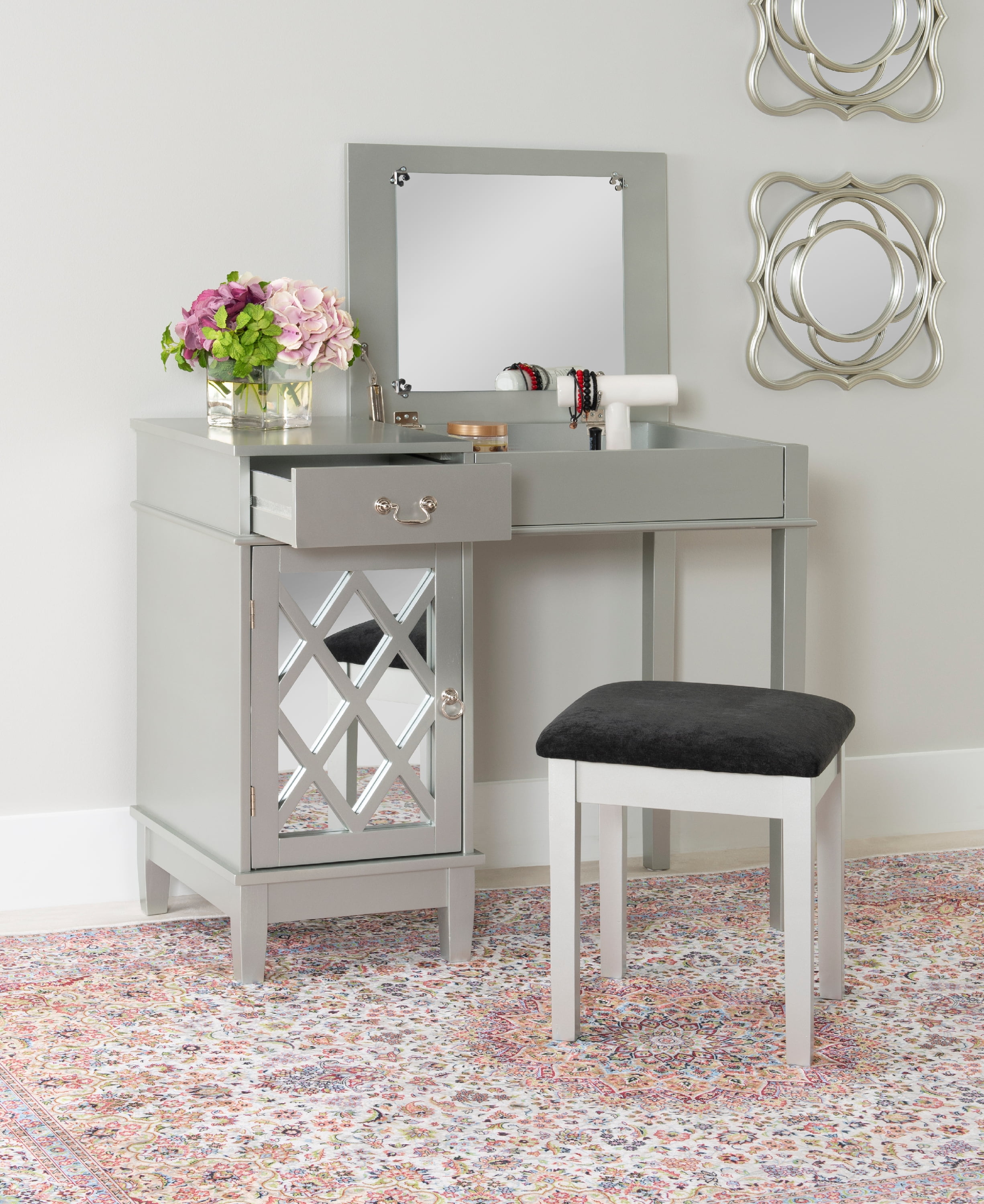 Linon Harper 2-Piece Vanity Set with Flip-Top Mirror and Upholstered ...