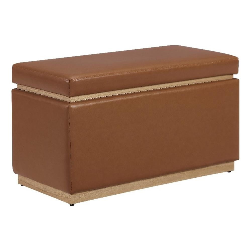 Linon Hawn Rectangle Storage Ottoman Natural Wood Trim in Caramel Faux ...