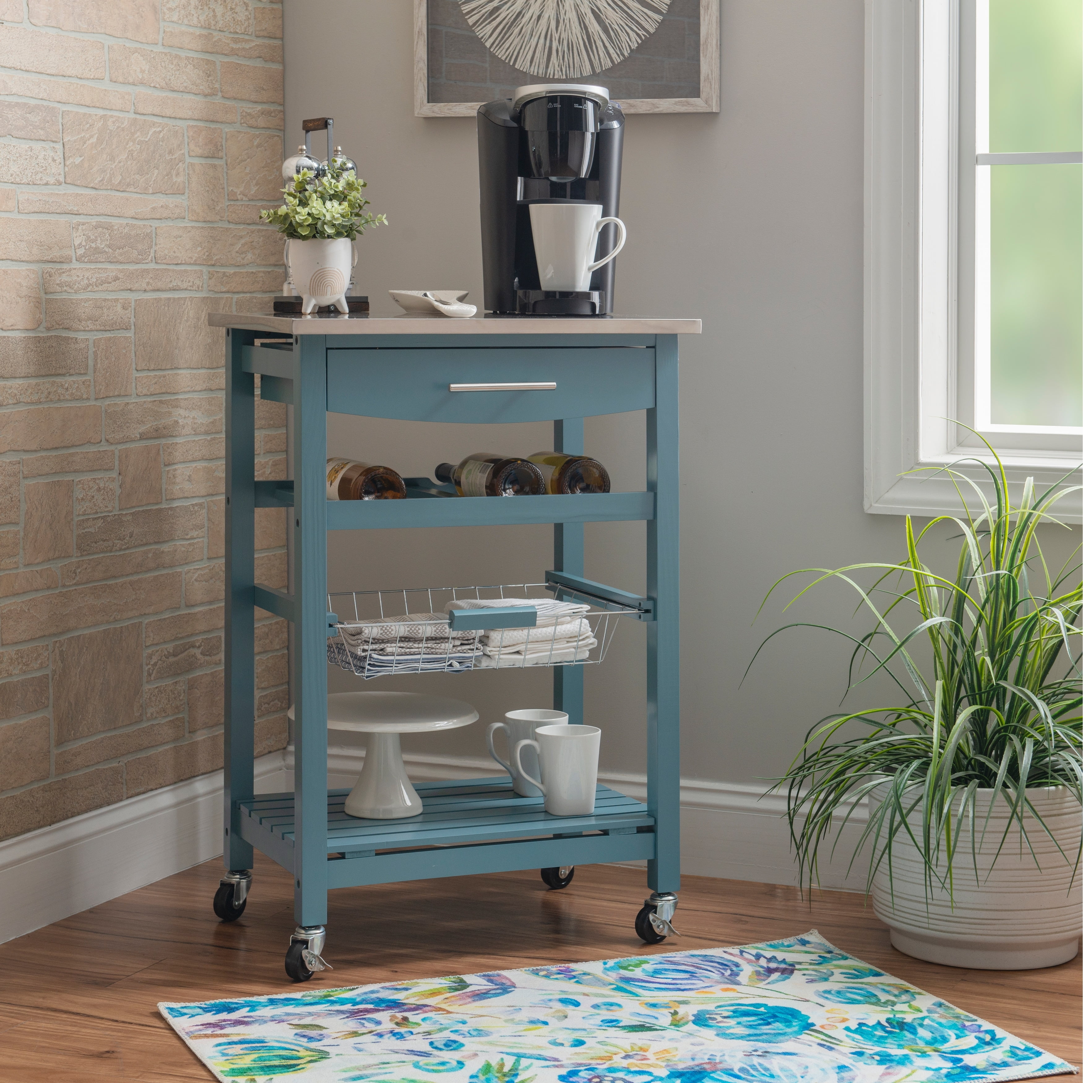 Linon Jake Compact Mobile Rolling Kitchen Cart Blue/Stainless Steel ...