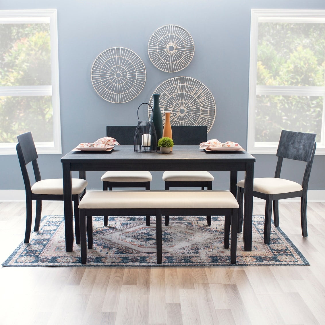 Linon Home Decor Jepson 6-Piece Boho Dining Set Dark Charcoal/Beige ...