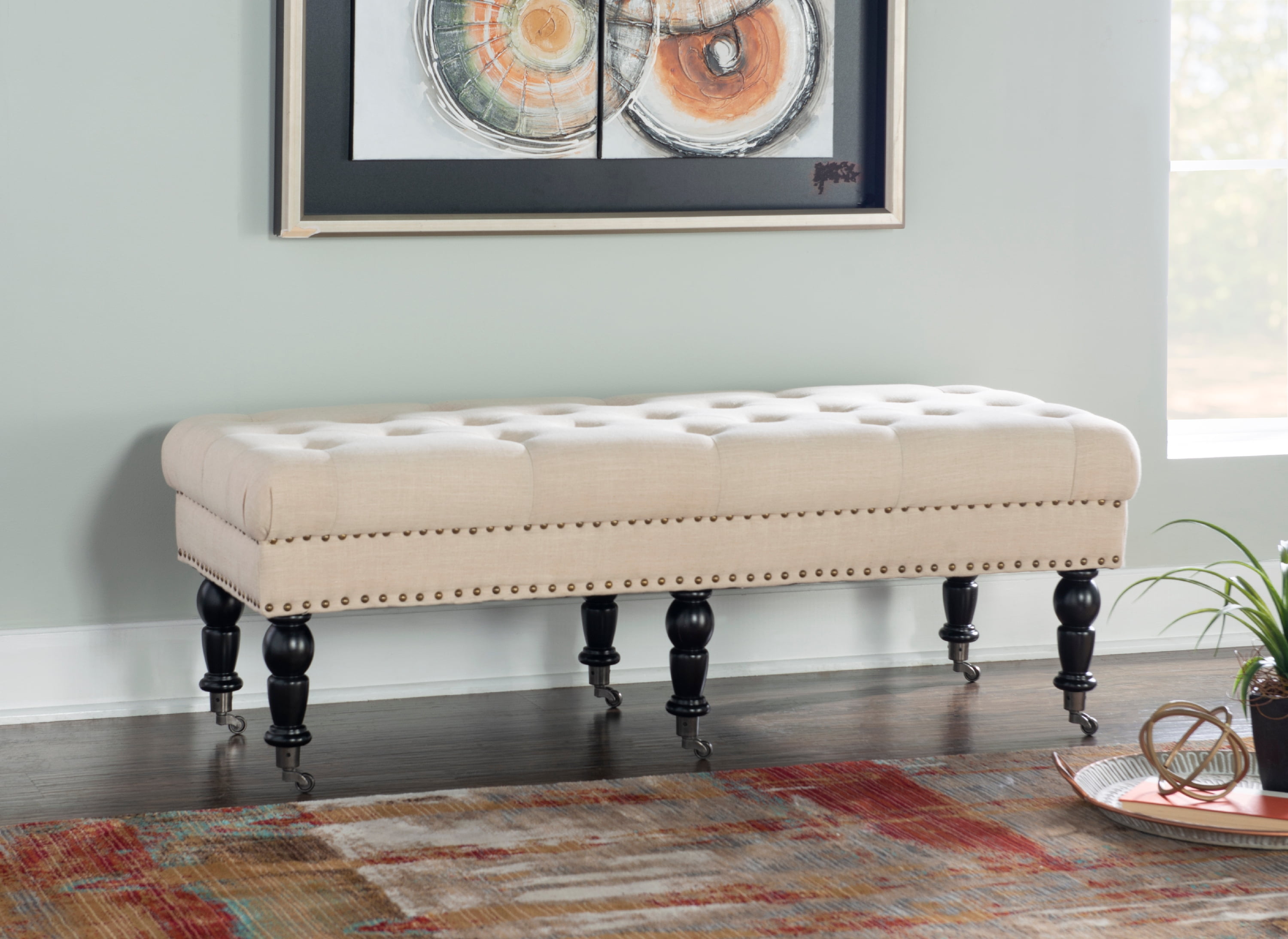 Linon Kacie 50" Wide Buttun Tufted Bench, Dark Espresso with Natural ...