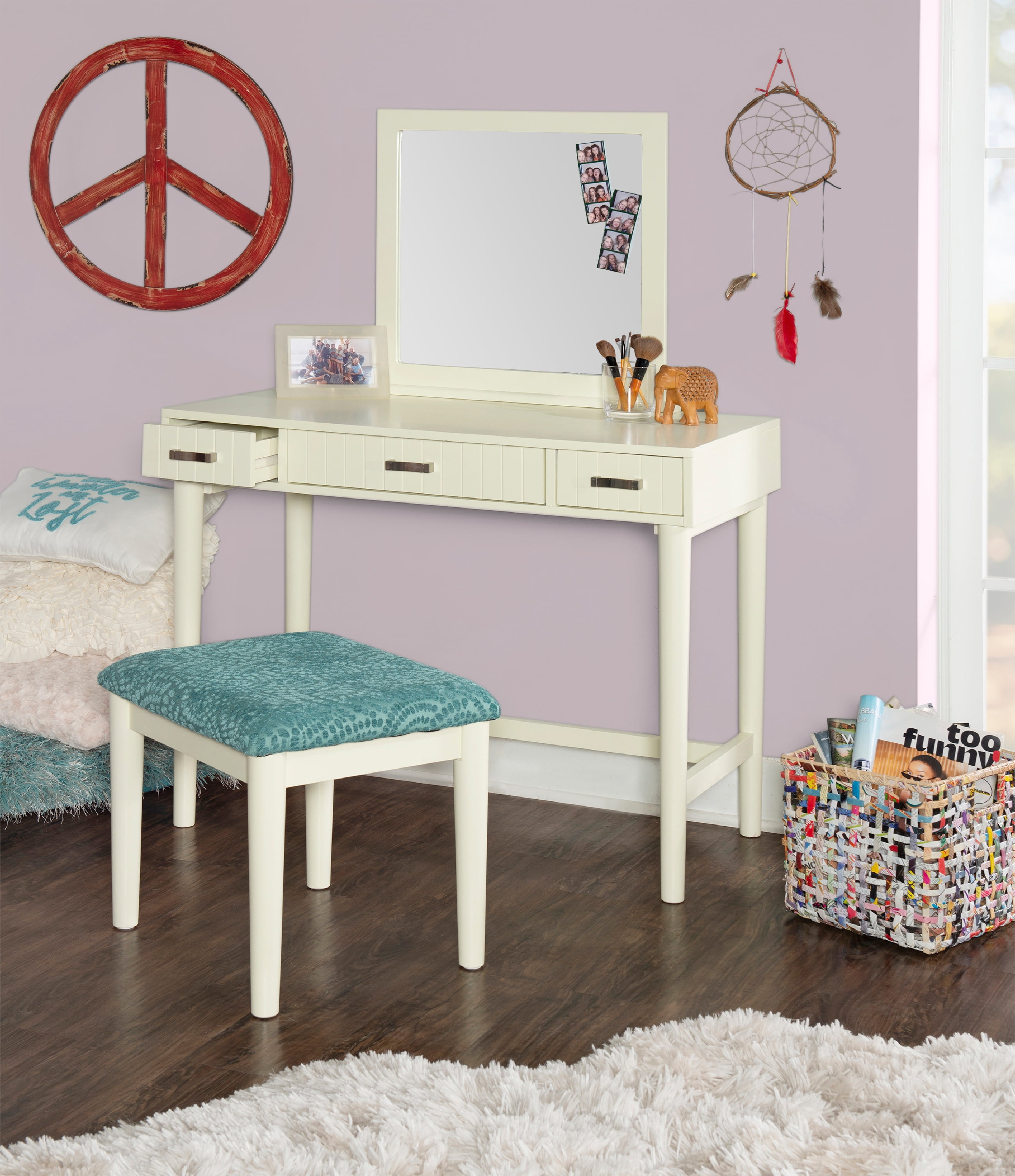 Linon Kendall 2-Piece Vanity Set with Mirror and Upholstered Stool ...