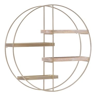 DecMode Gold Modern Iron Round Wall Shelf with Natural Brown Shelf ...