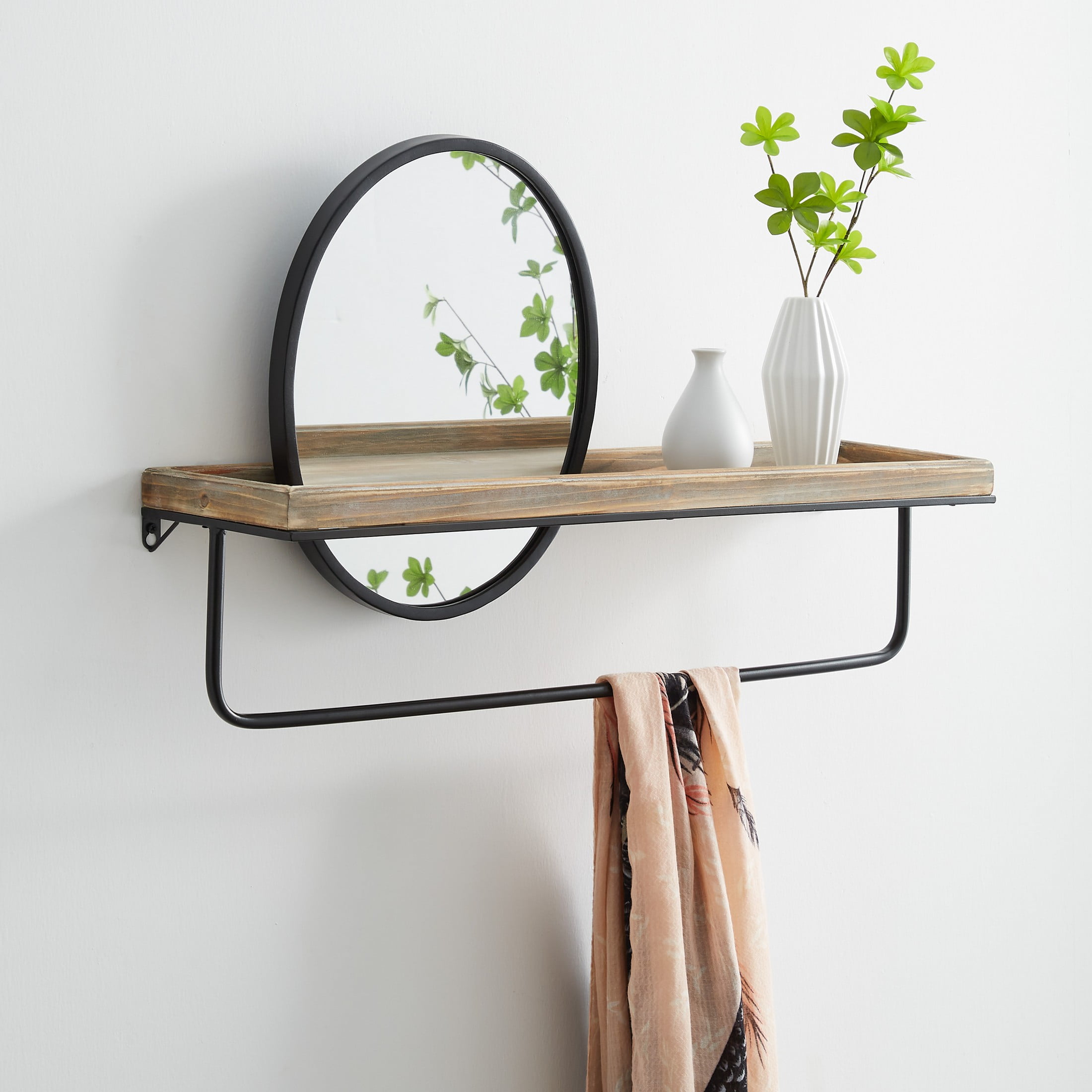 Linon Kenwood Center Mirror Wall Shelf, Black Iron Frame with Gray Wash ...