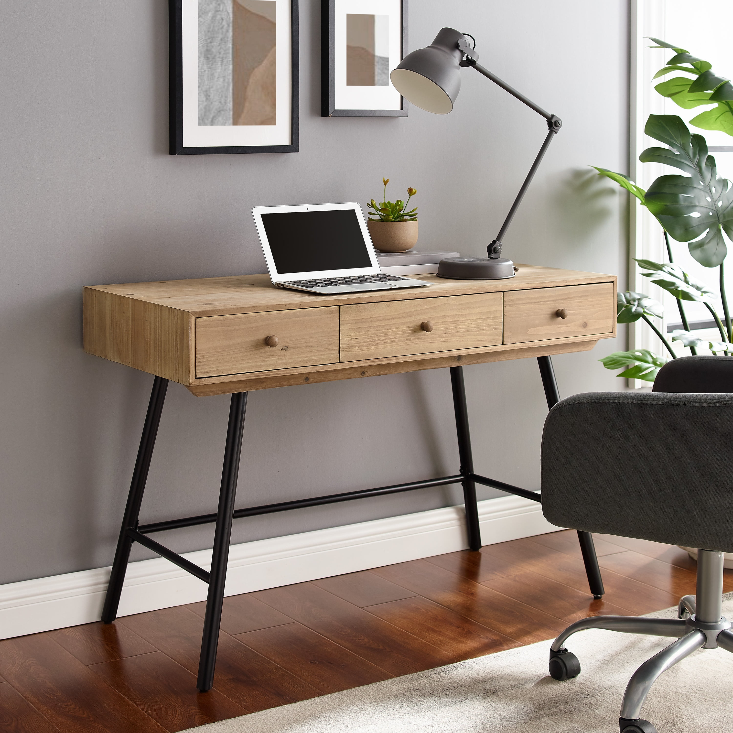Linon Kessinger 44" Writing Desk with 3 Drawers, Natural and Black ...