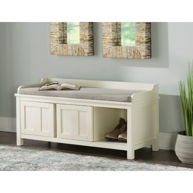 Linon Lakeville Entryway Storage Bench Padded Seat Sliding Doors in ...