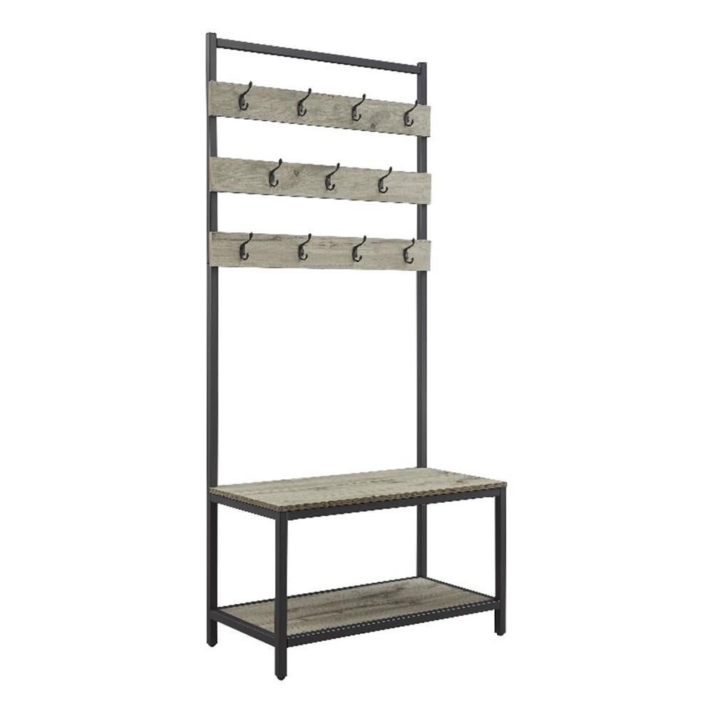 Linon Larkin Gray Metal Hall Tree 11 Hooks and 2 Shelves in Gray Washed ...