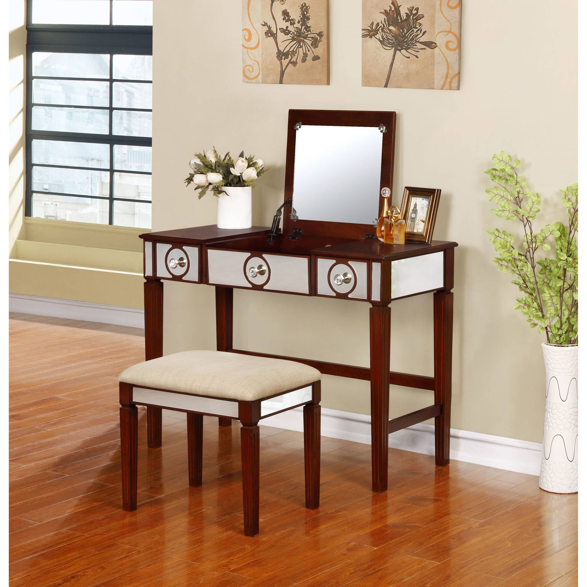 Linon Madison Vanity Set including Mirror and Stool, Walnut - Walmart.com
