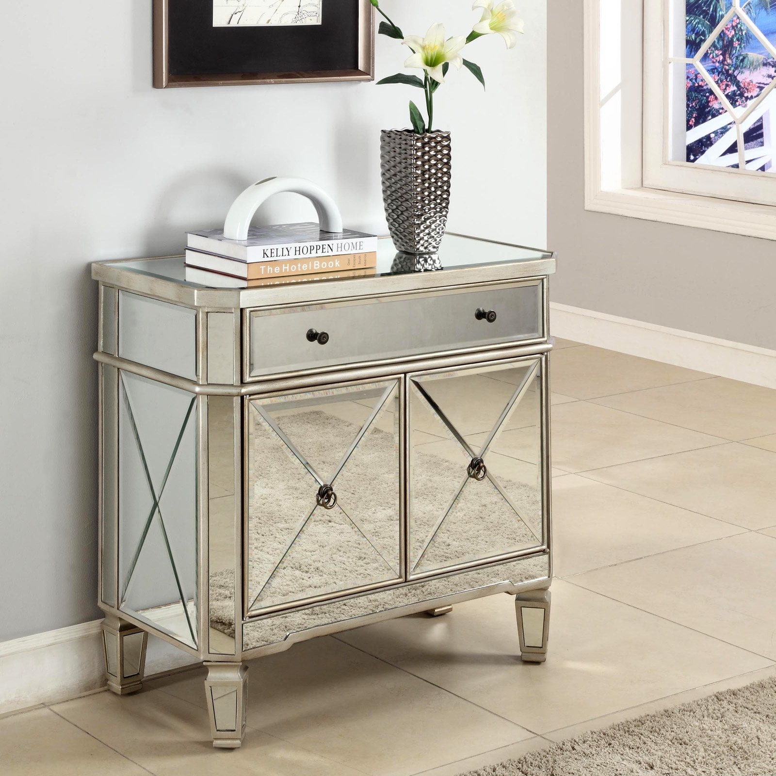 Linon Mason Mirrored Wood One Drawer Two Door Console Table in Gray ...